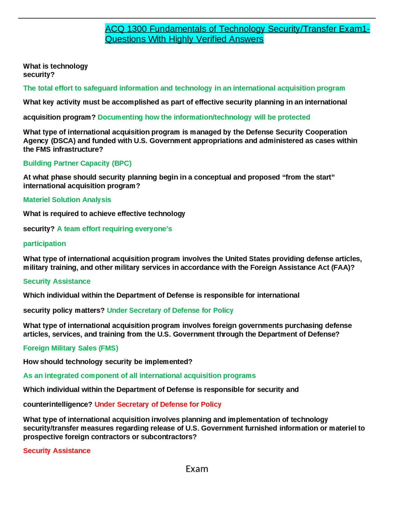 ACQ 1300 Fundamentals of Technology Security/Transfer Exam1-Questions With Highly Verifi | Exams ...