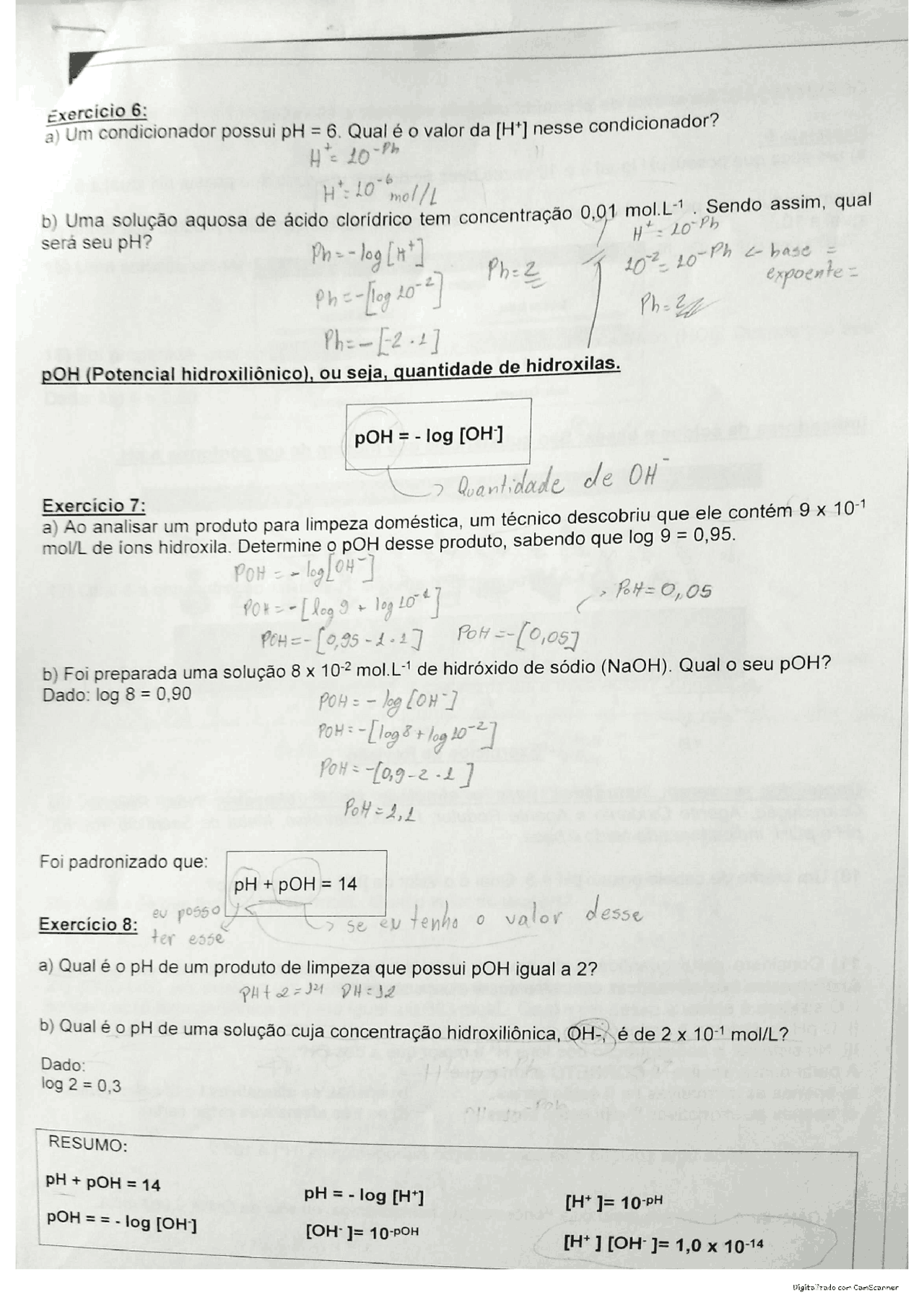 Calculo de Ph e POH (para segundo ano) | Exercícios Química para Ensino Médio | Docsity