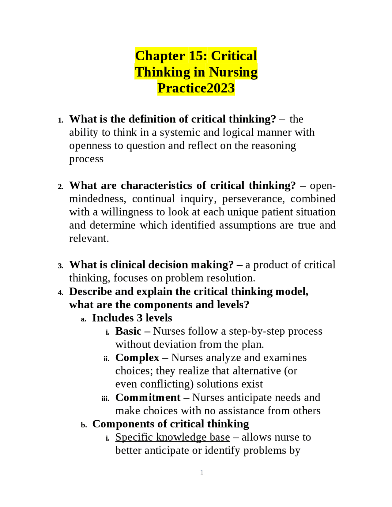 Chapter 15: Critical Thinking in Nursing Practice2023 | Exams Creative ...