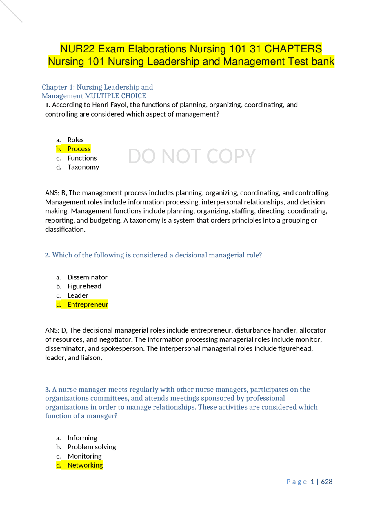 NUR22 Exam Elaborations Nursing 101 31 CHAPTERS Nursing 101 Nursing ...