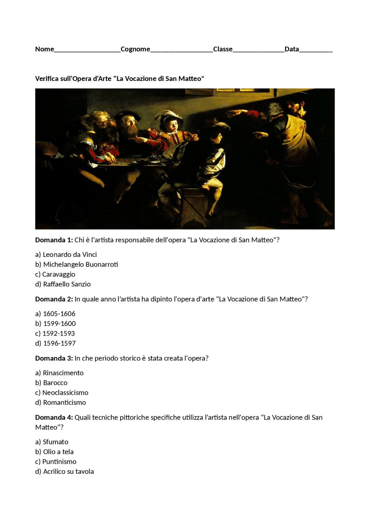 verifica di arte e immagine su Caravaggio | Esercizi di Elementi di ...