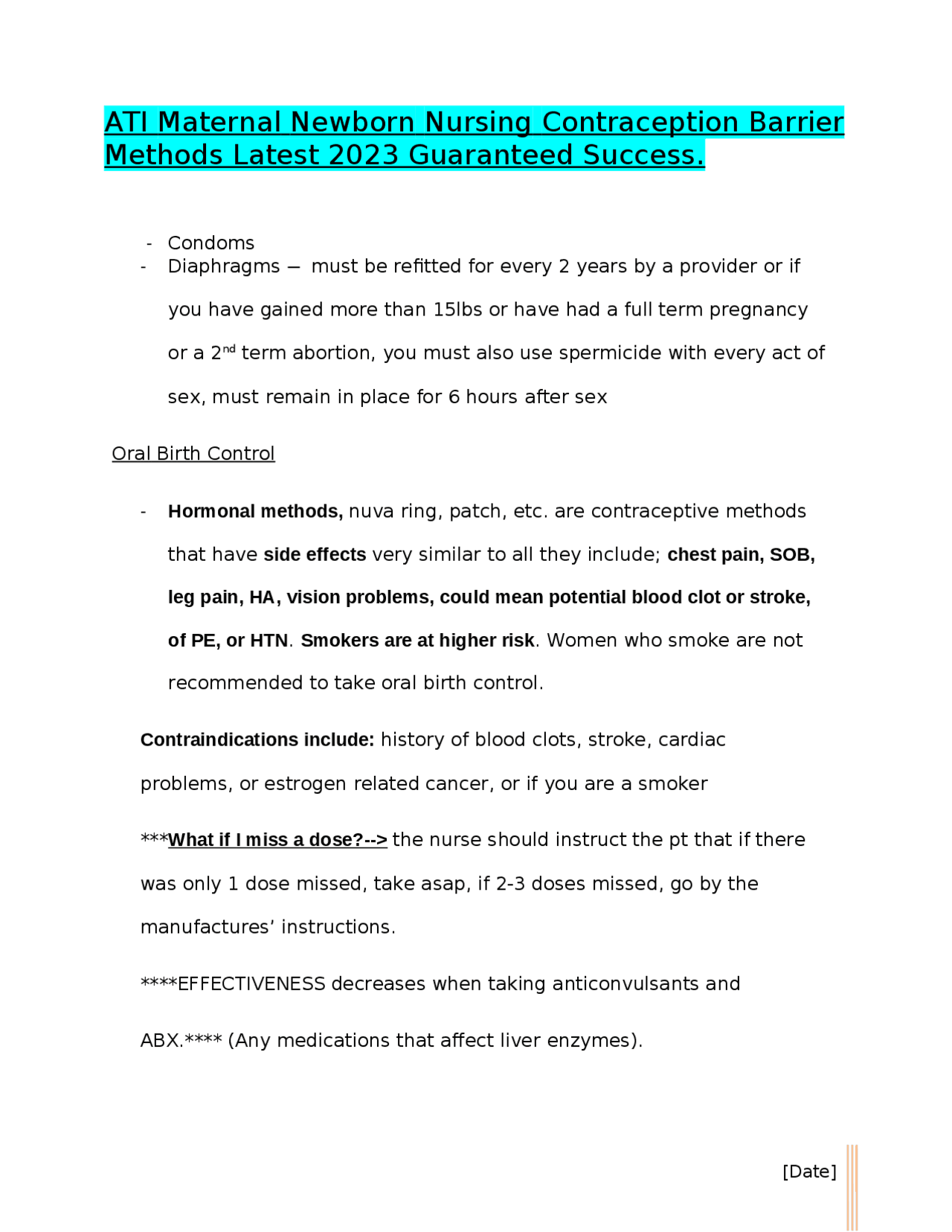 ATI Maternal Newborn Nursing Contraception Barrier Methods Latest 2023 ...