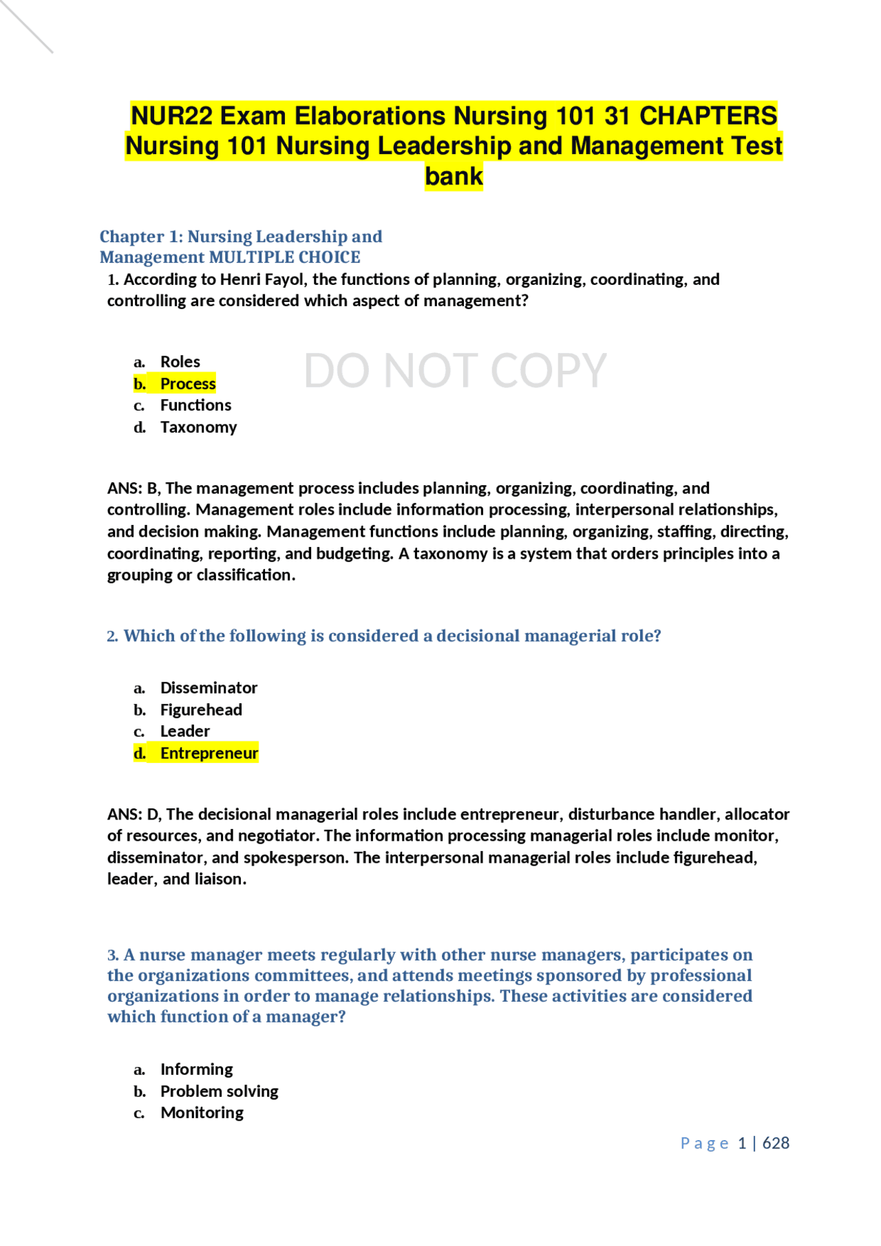 NUR22 Exam Elaborations Nursing 101 31 CHAPTERS Nursing 101 Nursing Leadership and Managem ...