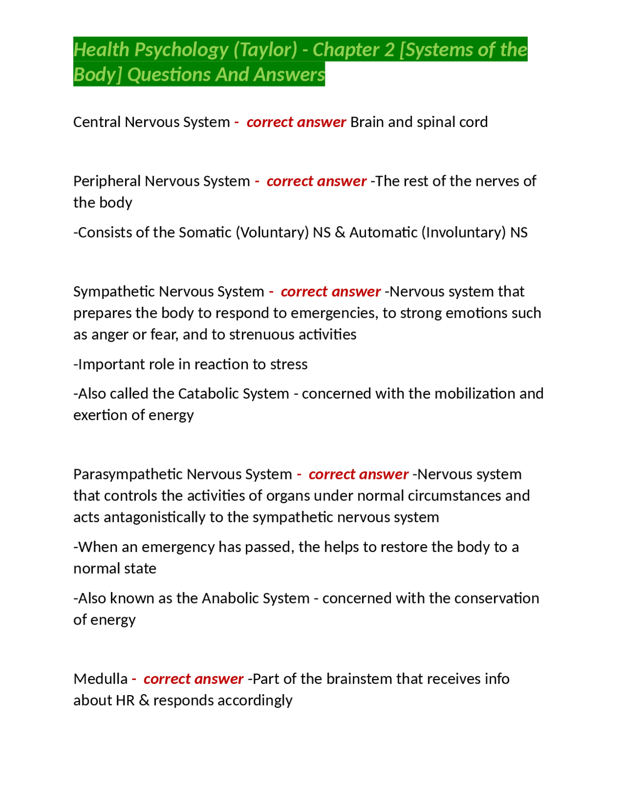 Systems of the Body Questions and Answers | Exams Nursing | Docsity