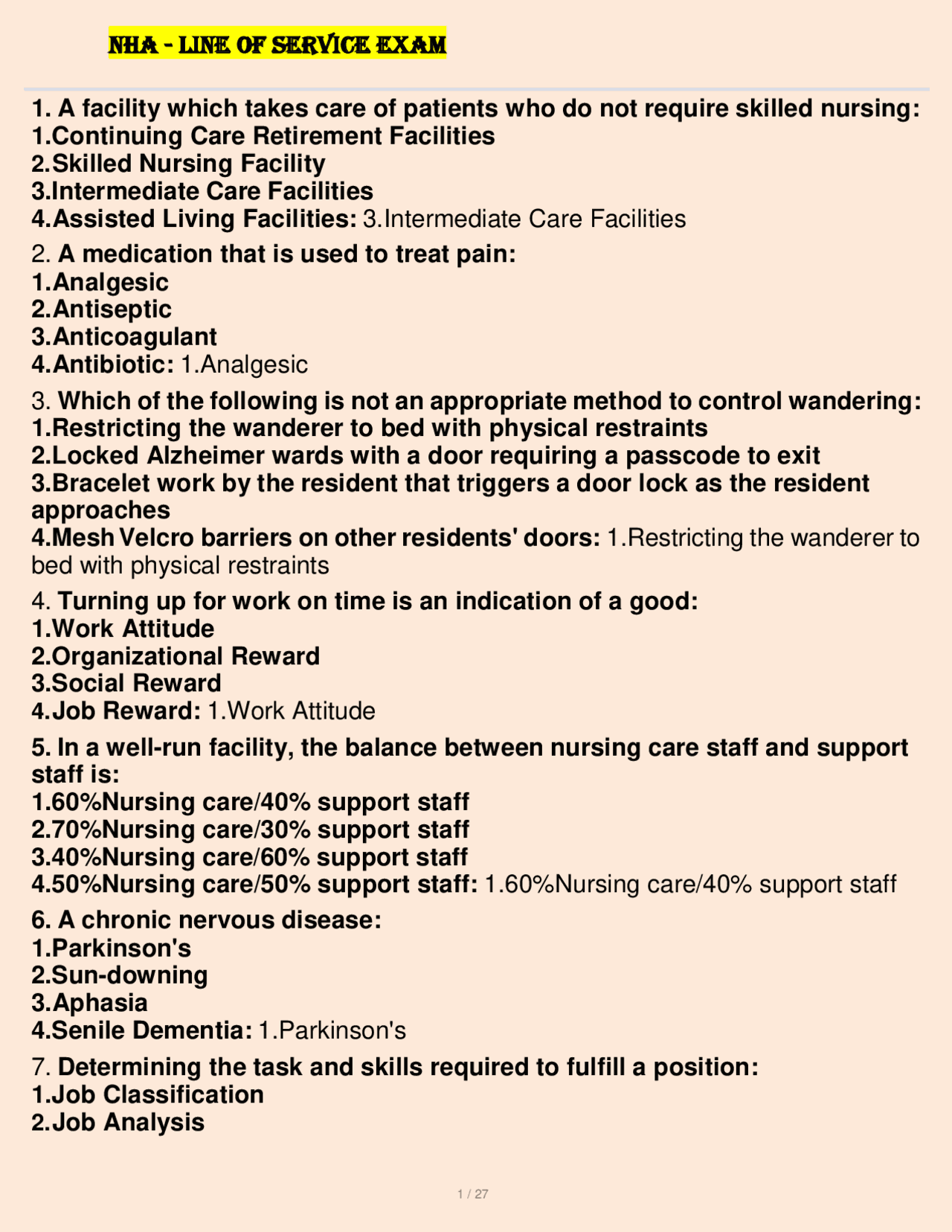 NHA Line of Service Exam Questions and Answers | Exams Nursing | Docsity