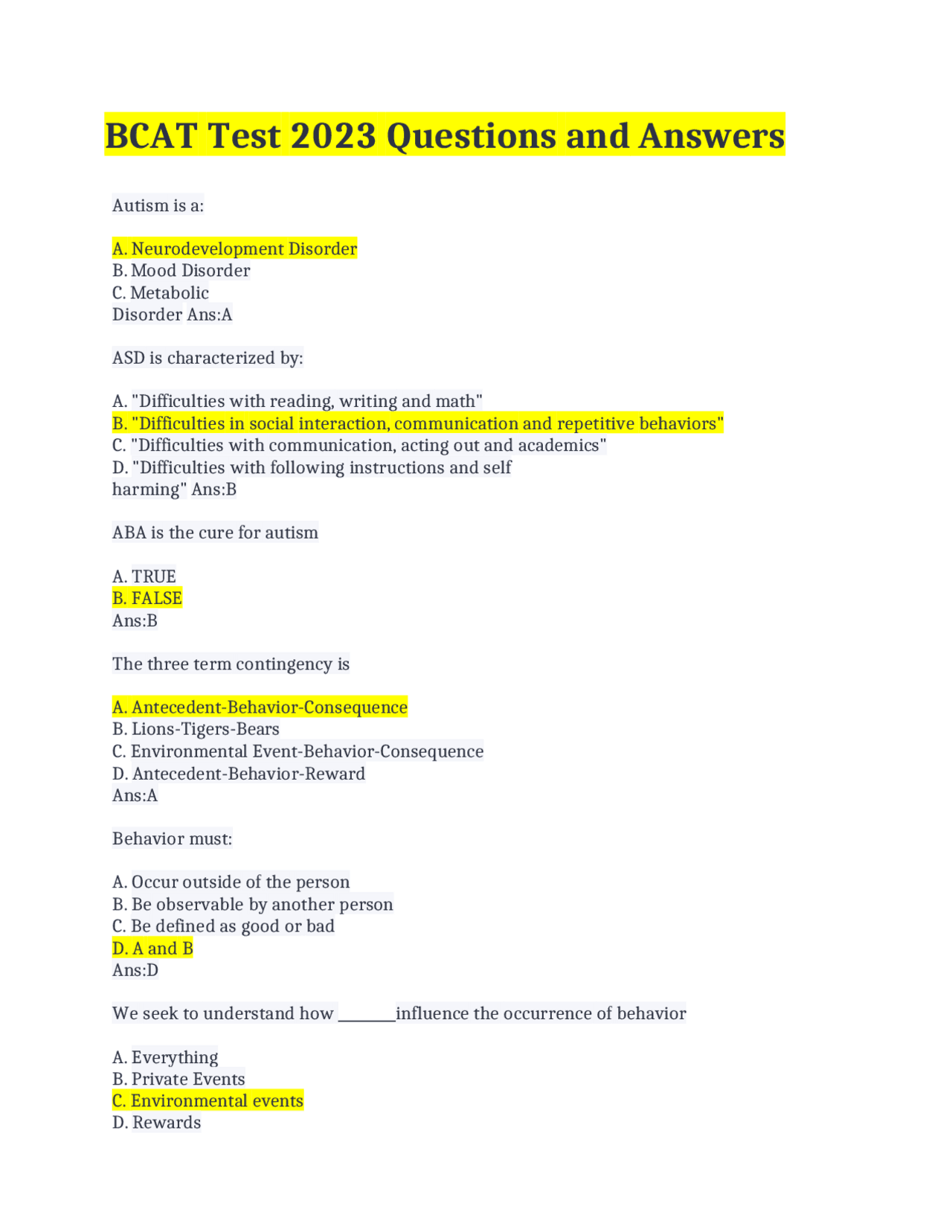 BCAT Test 2023 Questions and Answers | Exams Nursing | Docsity