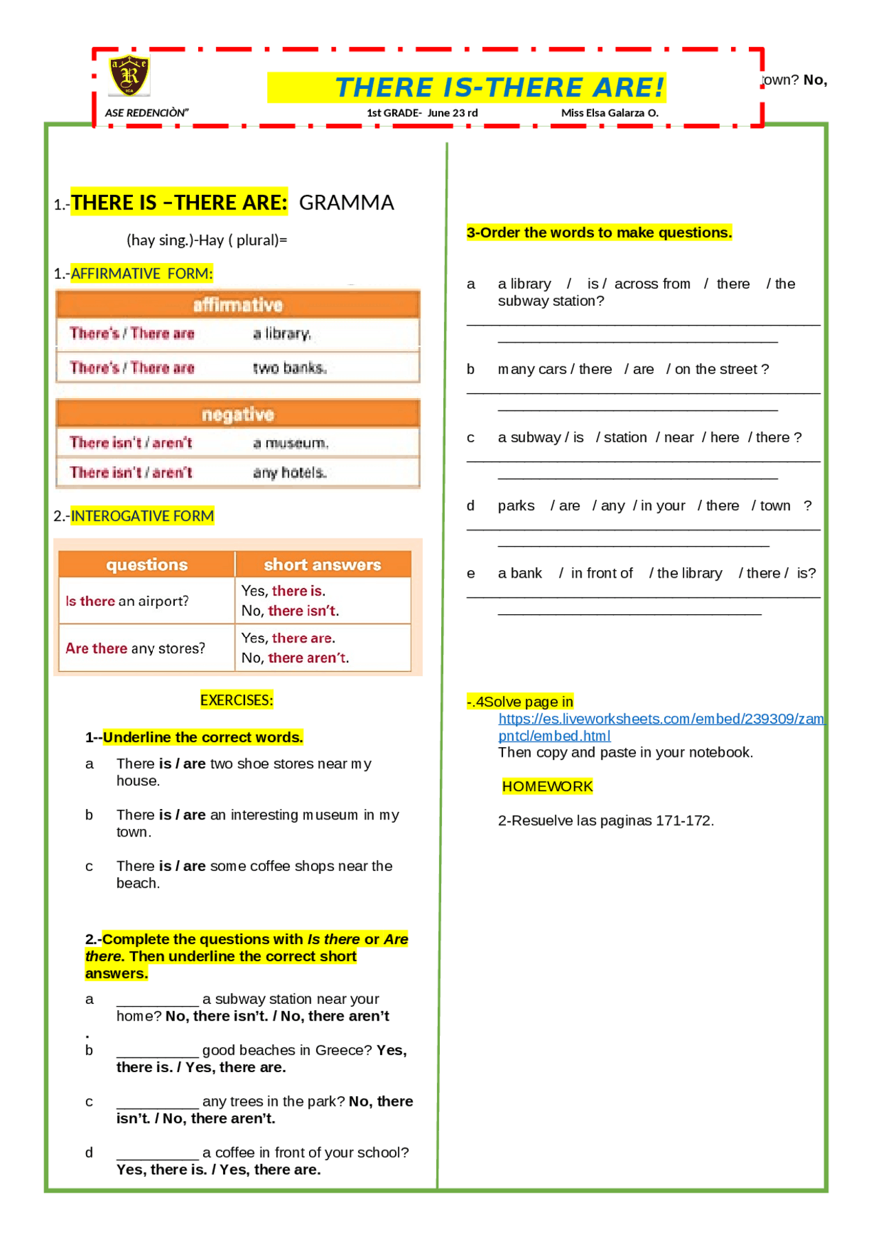Gramática: Uso de 'There is' y 'There are' | Apuntes de Inglés | Docsity