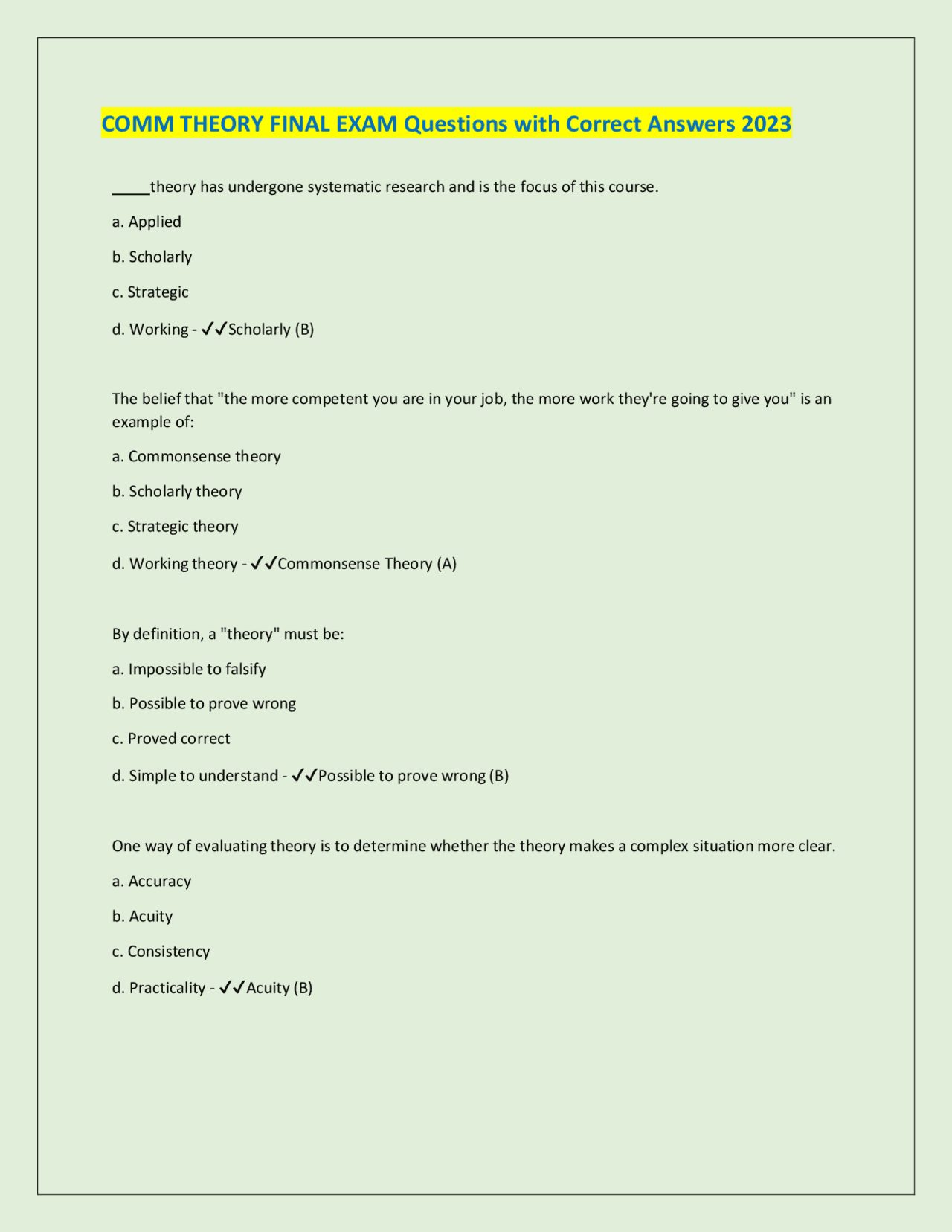 Communication Theory Final Exam Questions with Correct Answers | Exams Nursing | Docsity
