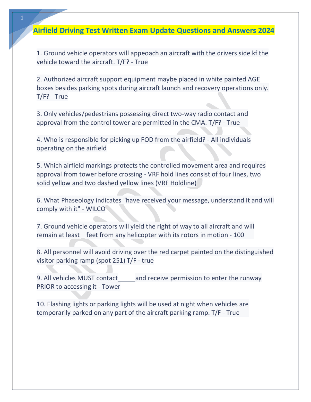 Airfield Driving Test Written Exam Update Questions and Answers | Exams ...