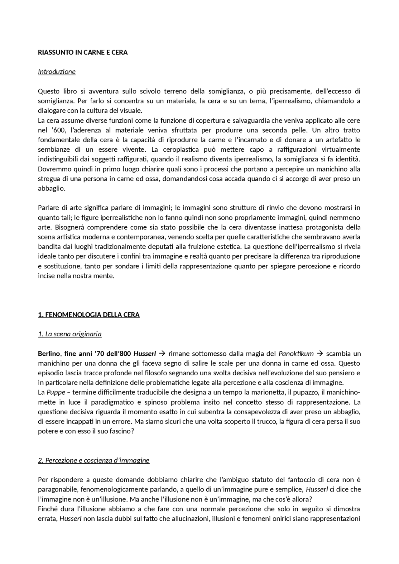 Riassunto in carne e cera | Sintesi del corso di Estetica | Docsity