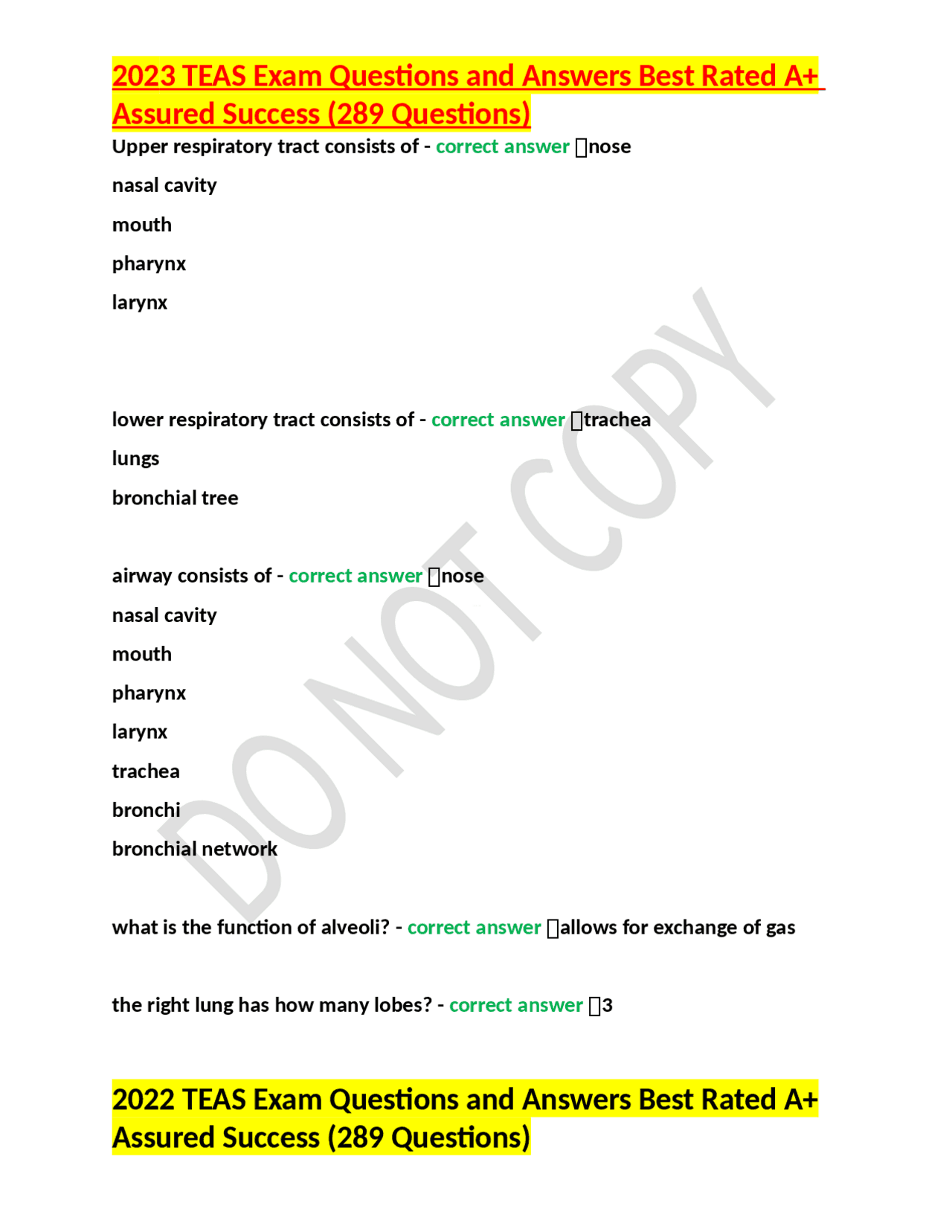 2023 TEAS Exam Questions and Answers Best Rated A+ Assured Success (289 ...