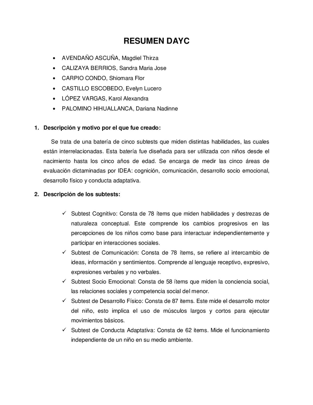 Manual de DAYC (resumen) | Resúmenes de Psicología del Desarrollo | Docsity