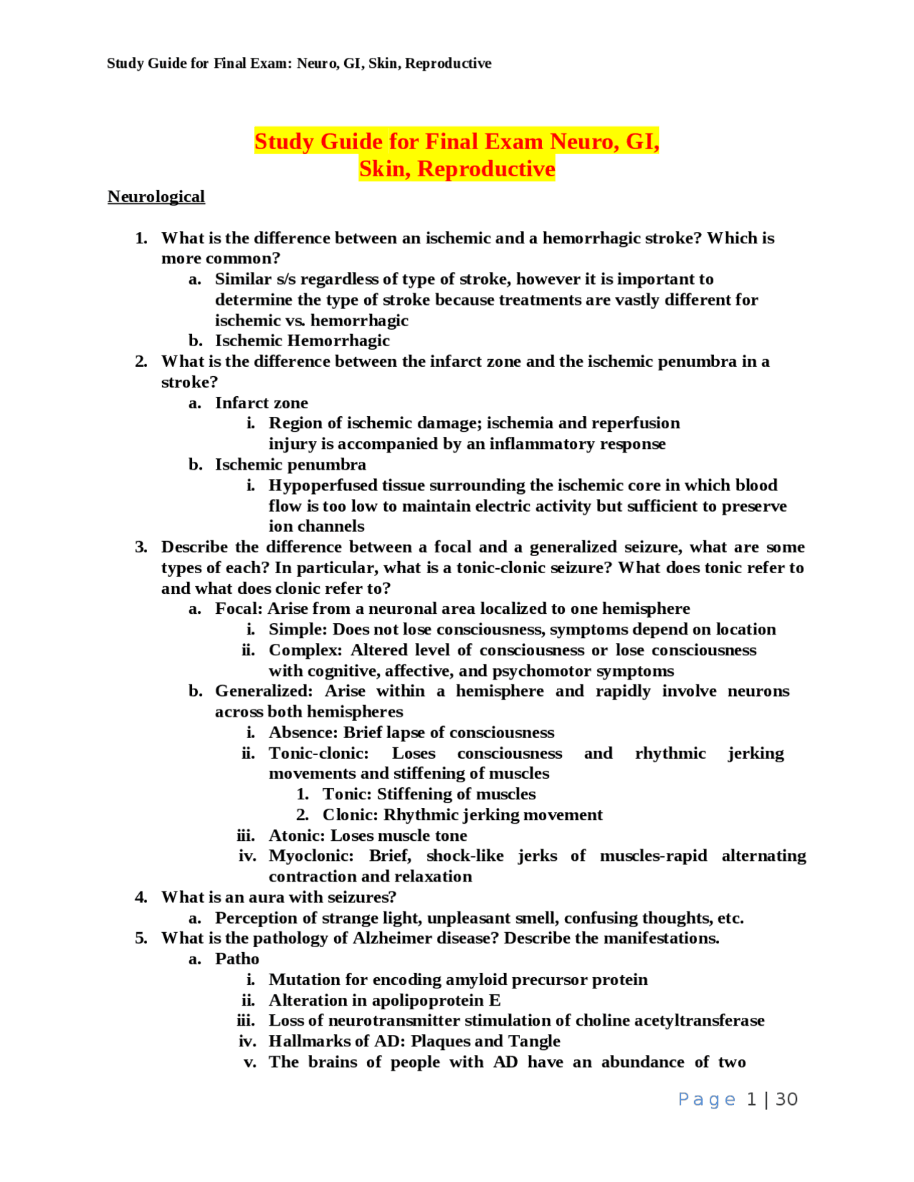 Study Guide for Final Exam Neuro, GI, Skin, Reproductive | Exams ...