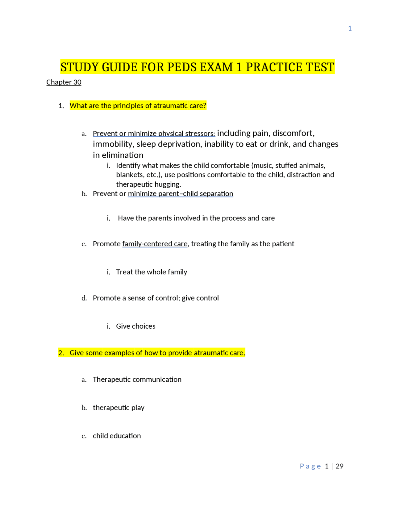 STUDY GUIDE FOR PEDS EXAM 1 PRACTICE TEST | Exams Forensics | Docsity