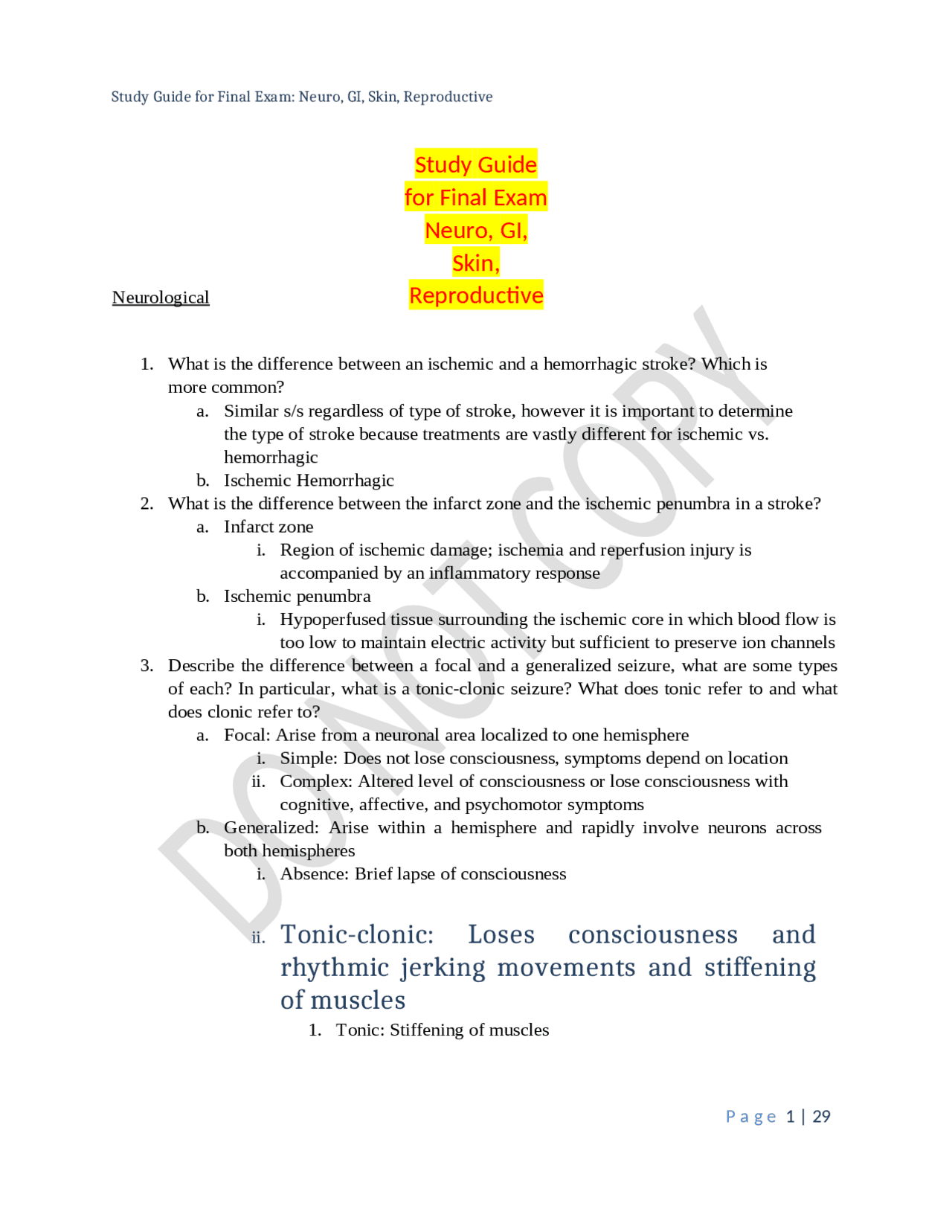 Study Guide for Final Exam Neuro, GI, Skin, Reproductive | Exams ...