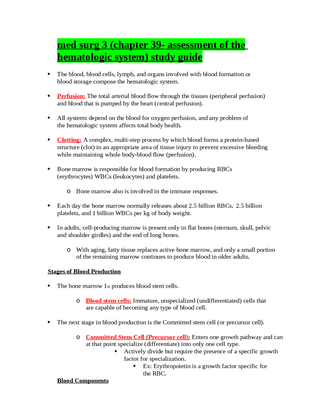 med surg 3 (chapter 39- assessment of the hematologic system) study ...