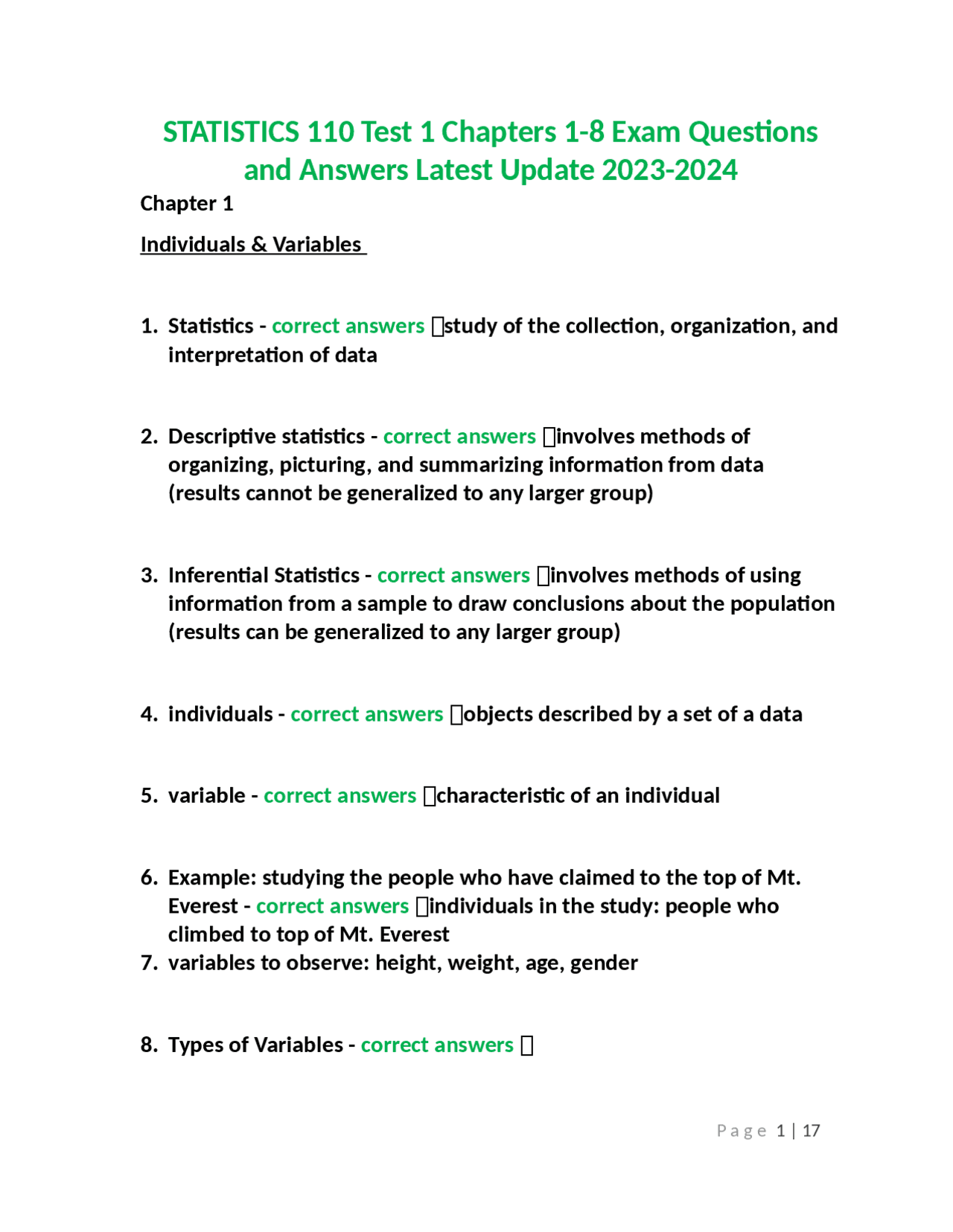 STATISTICS 110 Test 1 Chapters 1-8 Exam Questions and Answers Latest ...