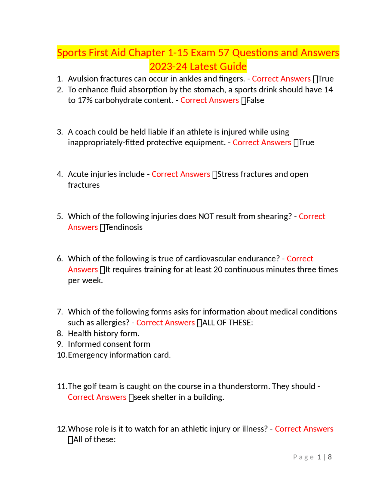 Sports First Aid Chapter 1-15 Exam 57 Questions and Answers 2023-24 ...