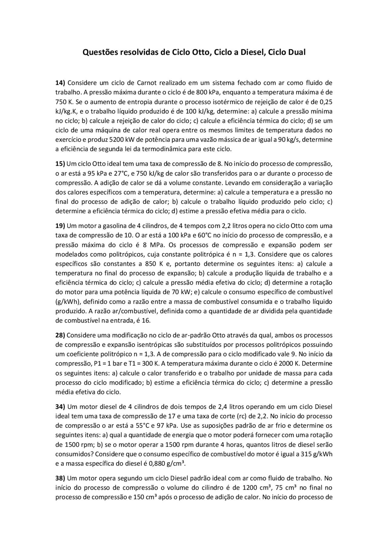 Questões resolvidas de Ciclo Otto, Ciclo a Diesel, Ciclo Dual ...