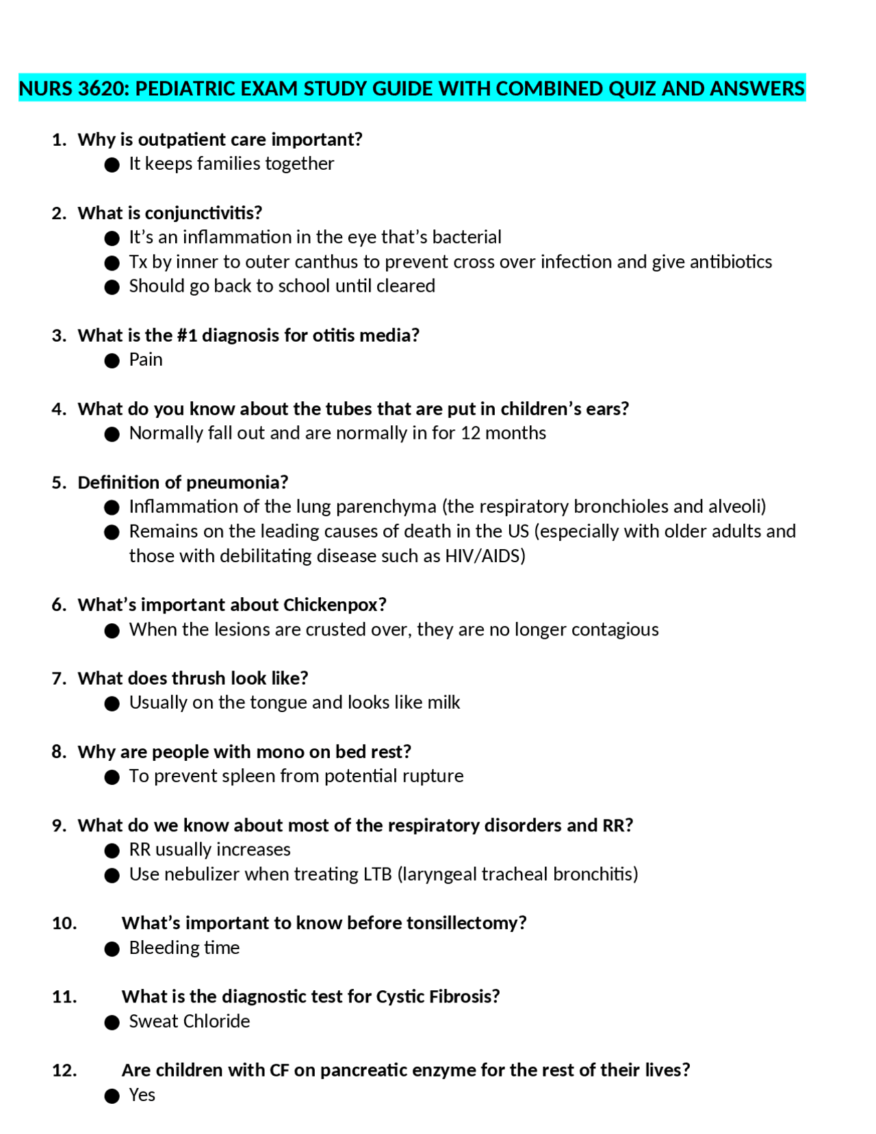 NURS 3620: PEDIATRIC EXAM STUDY GUIDE WITH COMBINED QUIZ AND ANSWERS ...