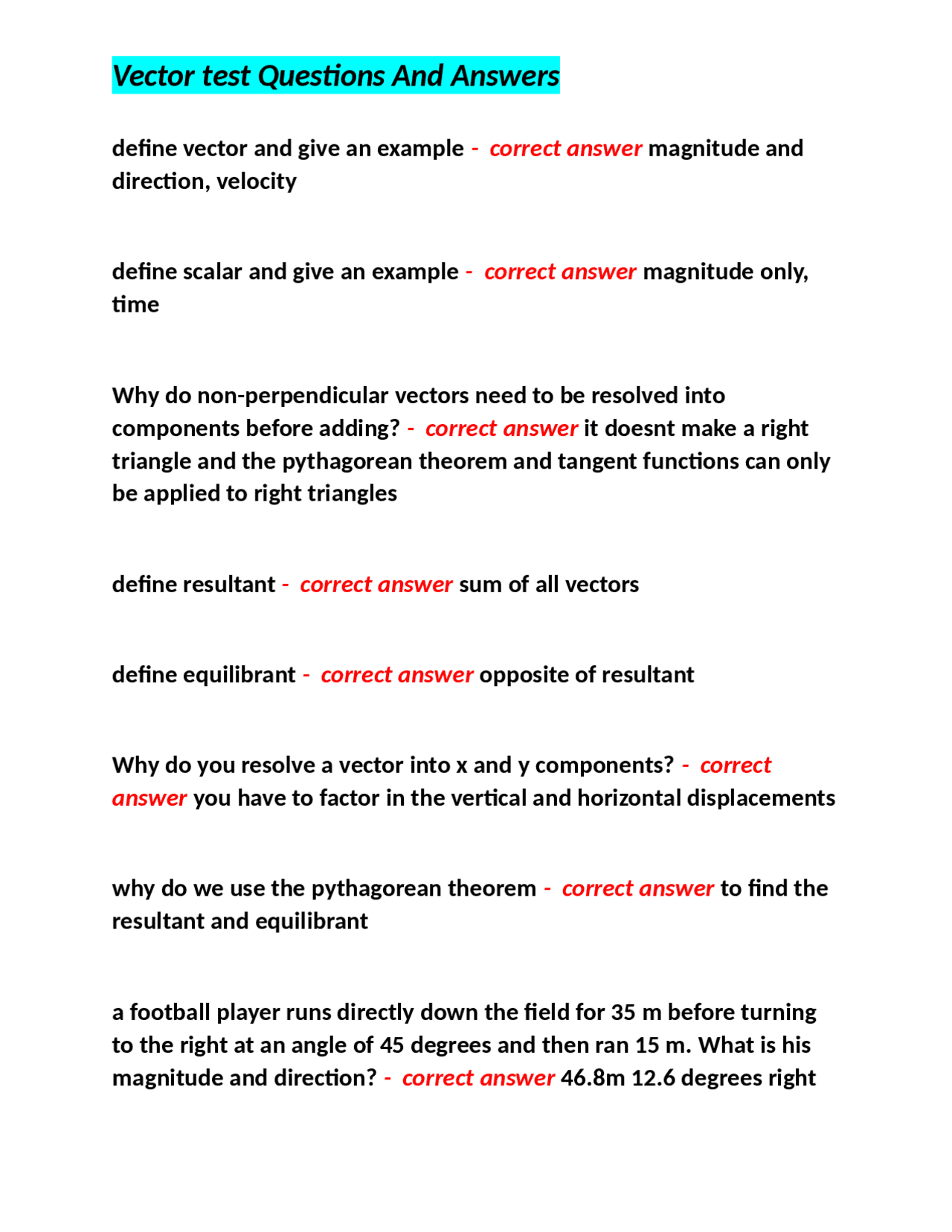 Vector test Questions And Answers | Exams Nursing | Docsity