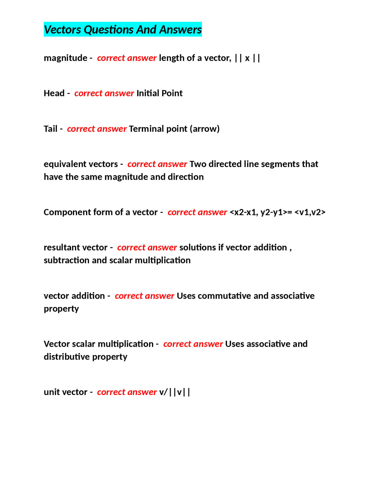 Vectors Questions And Answers | Exams Vector Analysis | Docsity