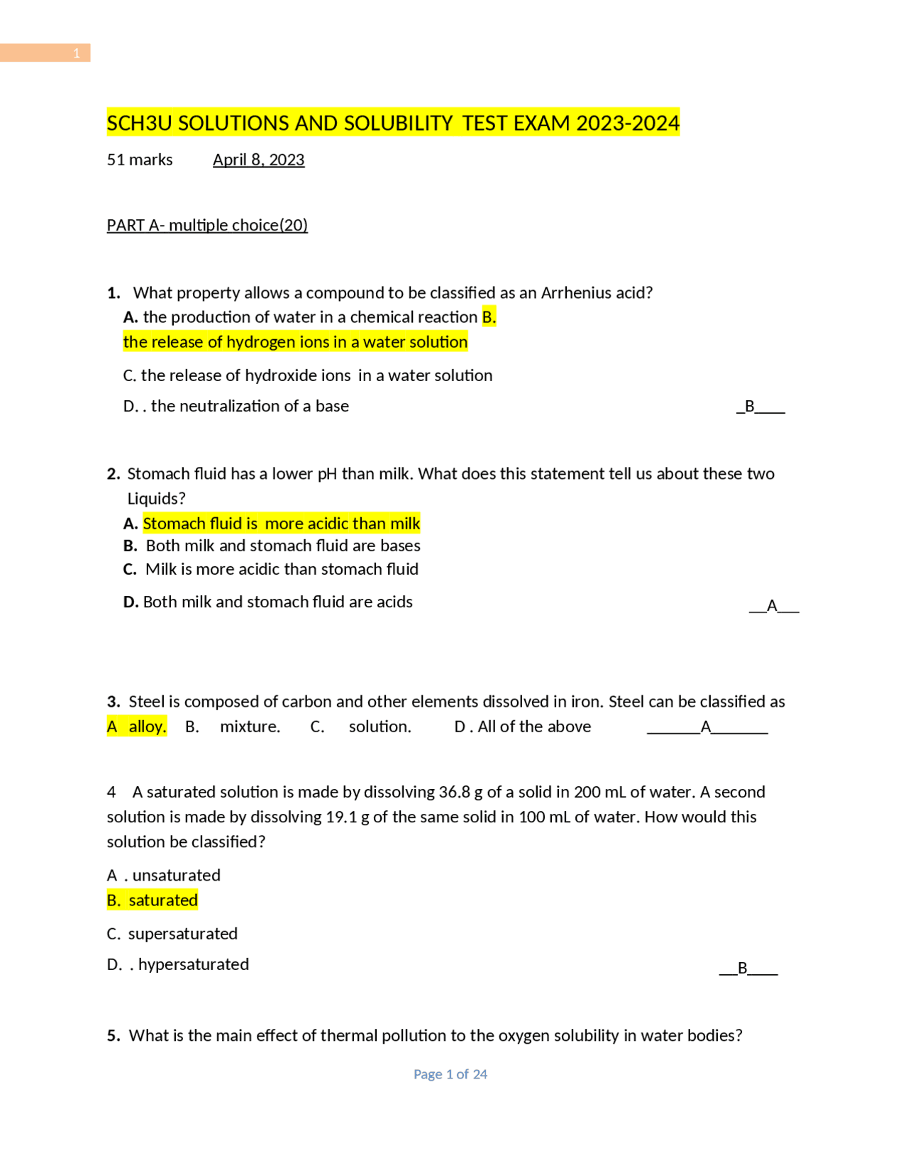 SCH3U SOLUTIONS AND SOLUBILITY TEST EXAM 2023-2024 | Exams Chemistry ...