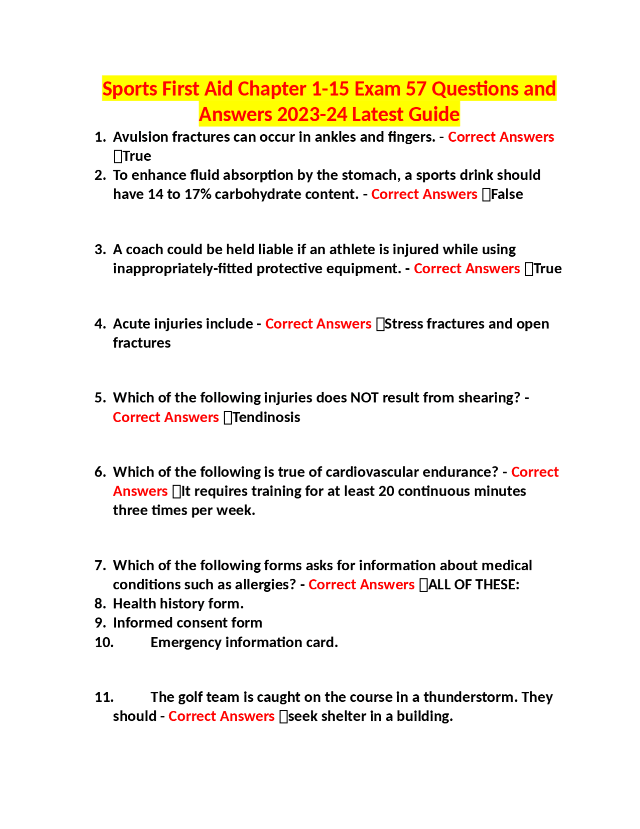 Sports First Aid Chapter 1-15 Exam 57 Questions and Answers 2023-24 ...