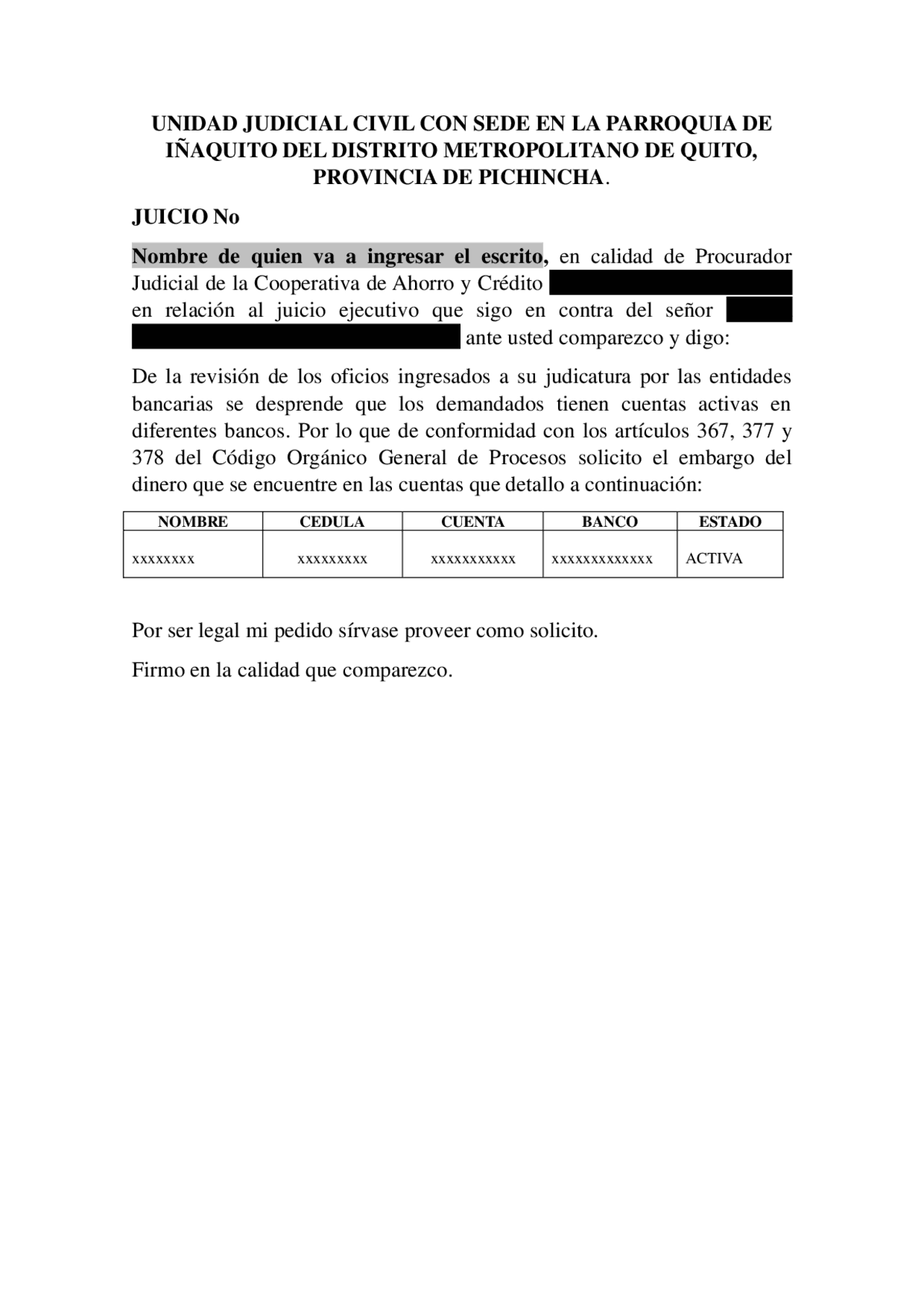 ESCRITO SOLICITANDO EMBARGO DE CUENTAS BANCARIAS | Ejercicios de ...