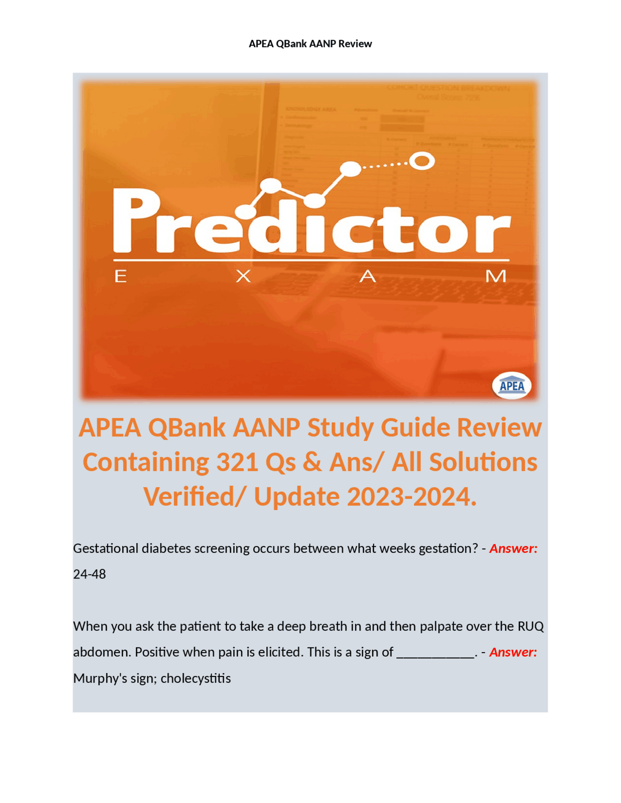 APEA QBank AANP Study Guide Review Containing 321 Qs & Ans | Exams ...