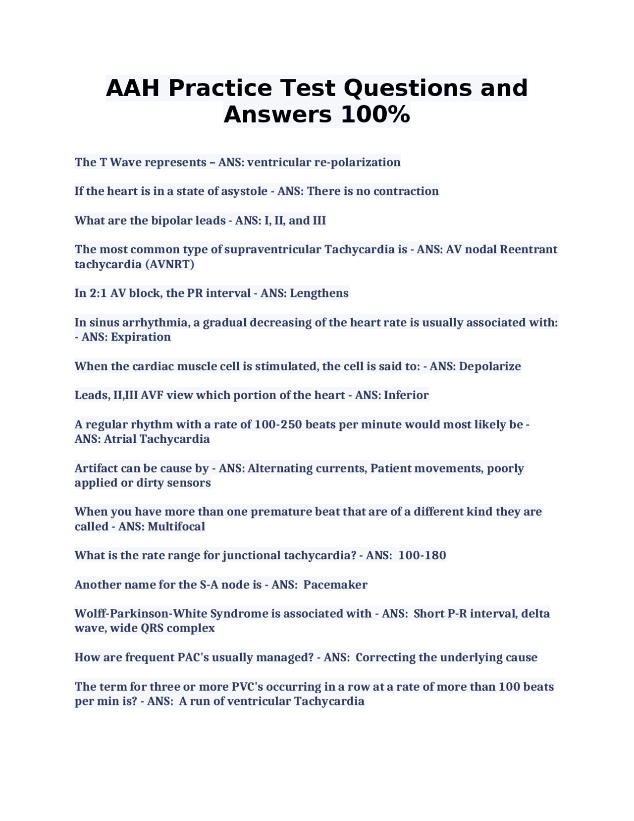 AAH Practice Test Questions and Answers | Exams Nursing | Docsity