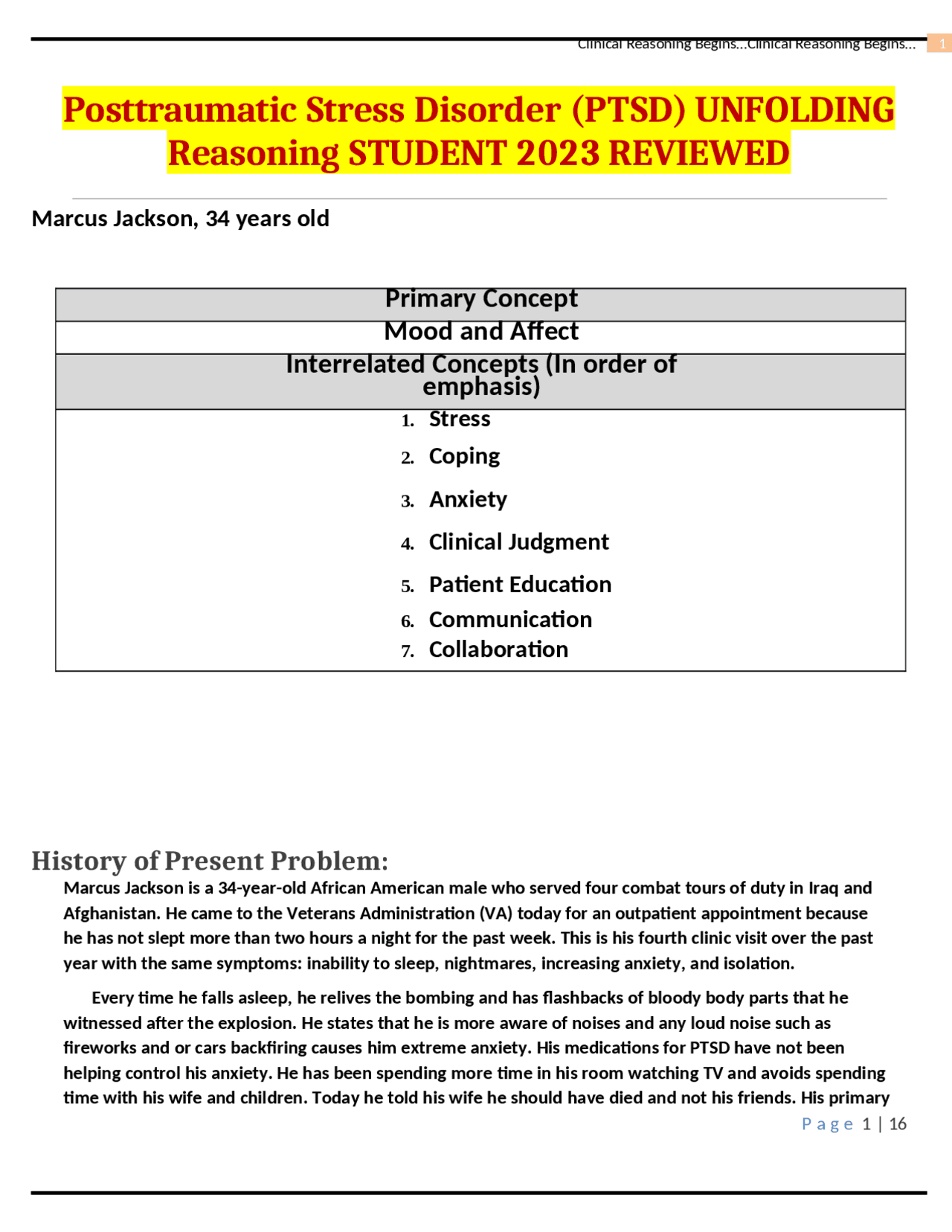 Posttraumatic Stress Disorder (PTSD) UNFOLDING Reasoning STUDENT 2023 ...