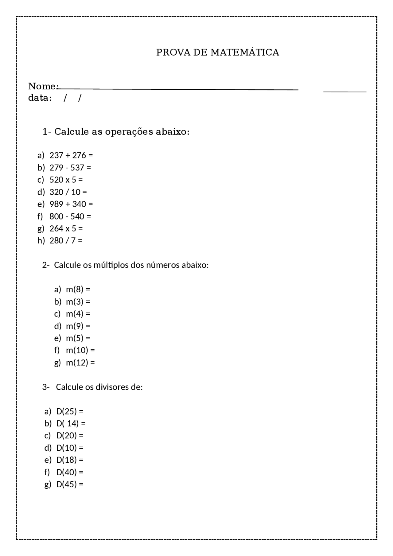 Prova de matemática do ensino fundamental | Provas Matemática | Docsity