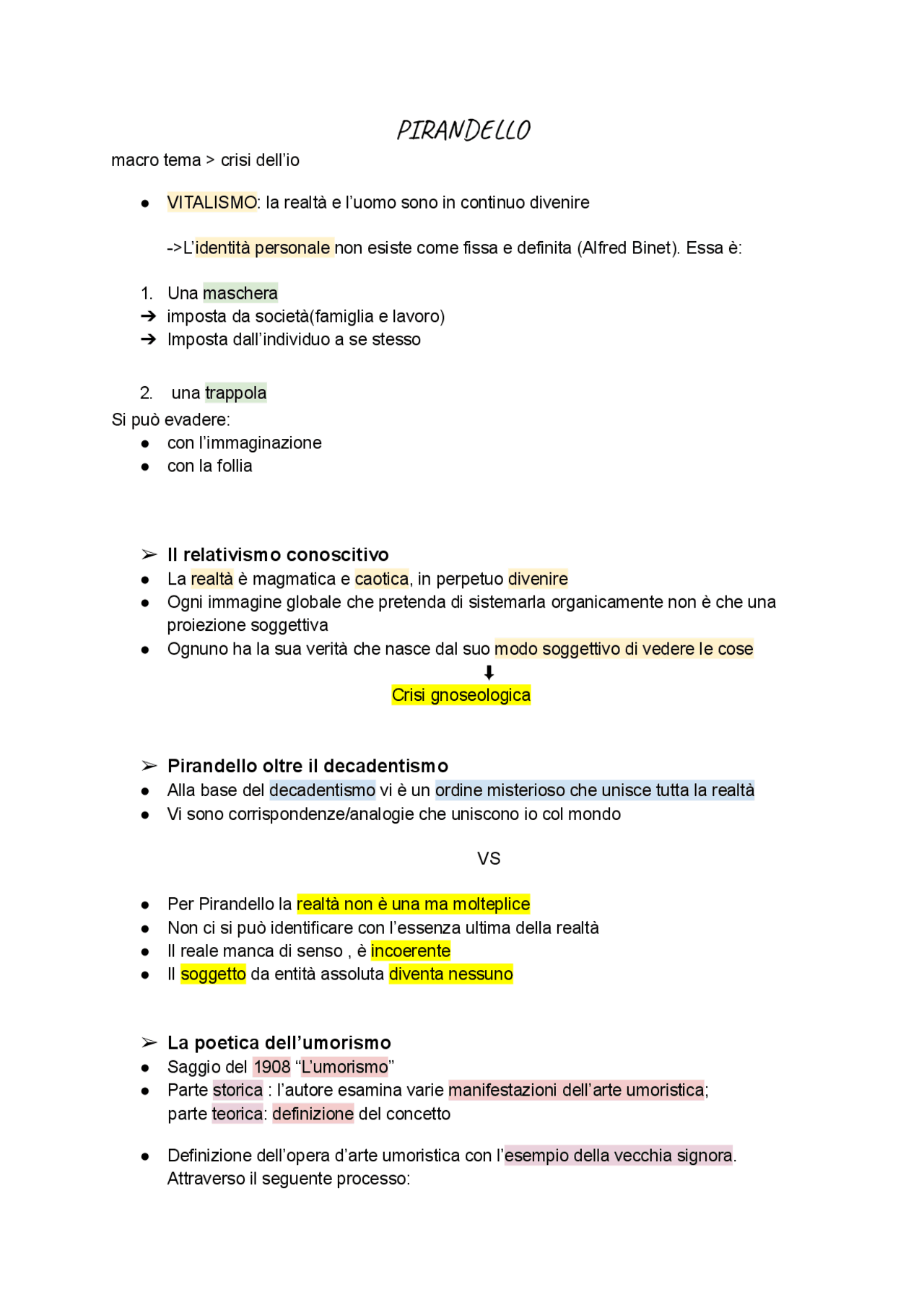Temi ed opere di Luigi Pirandello | Schemi e mappe concettuali di ...
