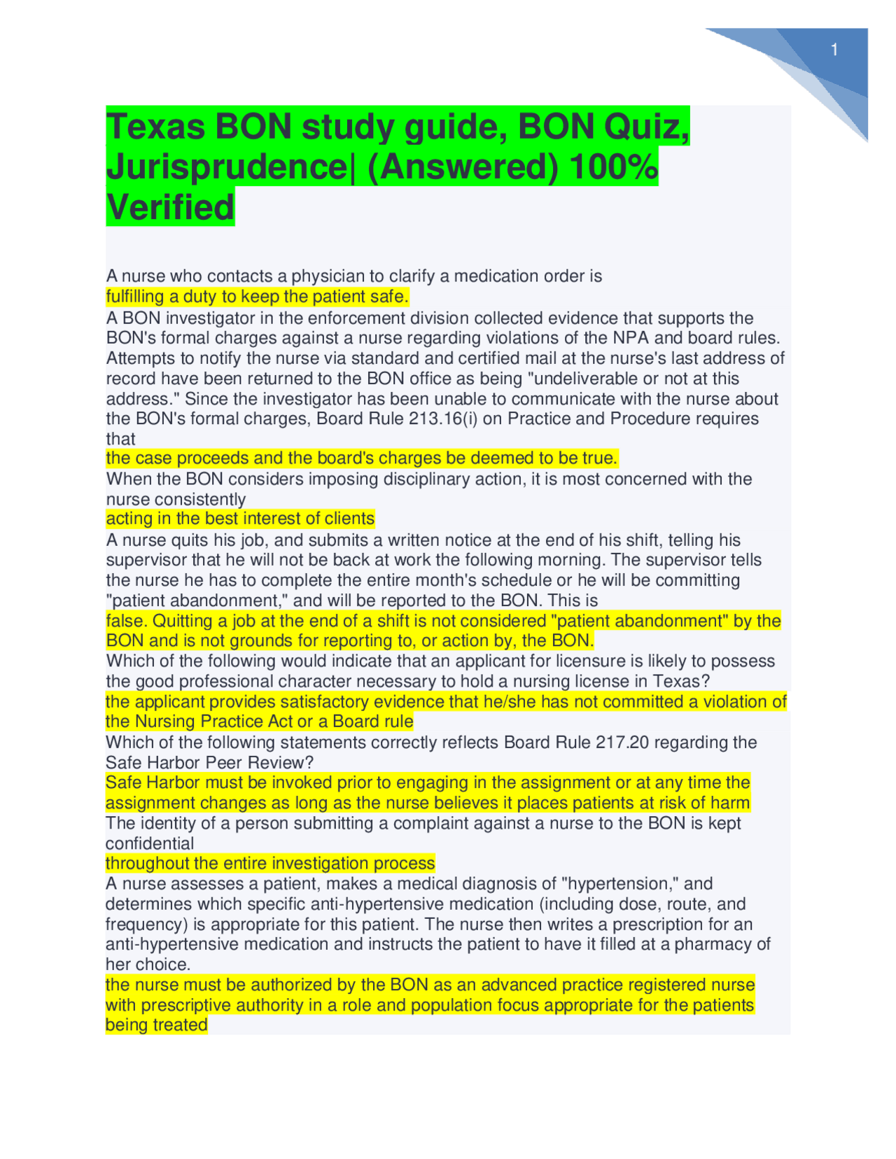 Texas BON study guide, BON Quiz, Jurisprudence| (Answered) 100% ...