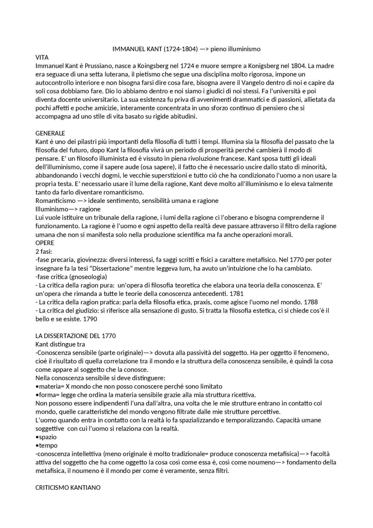 Schemi di filosofia su Kant | Schemi e mappe concettuali di Filosofia | Docsity