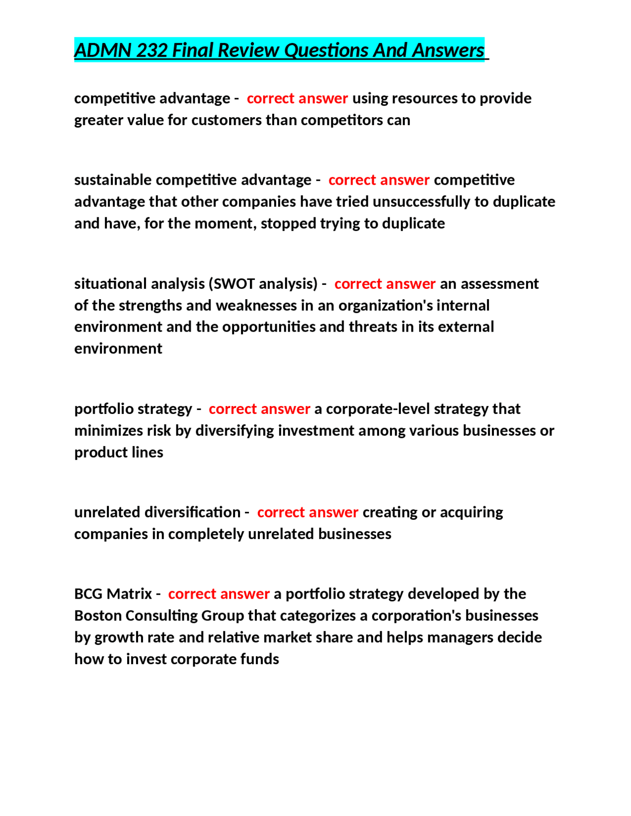 ADMN 232 Final Review Questions And Answers | Exams Nursing | Docsity