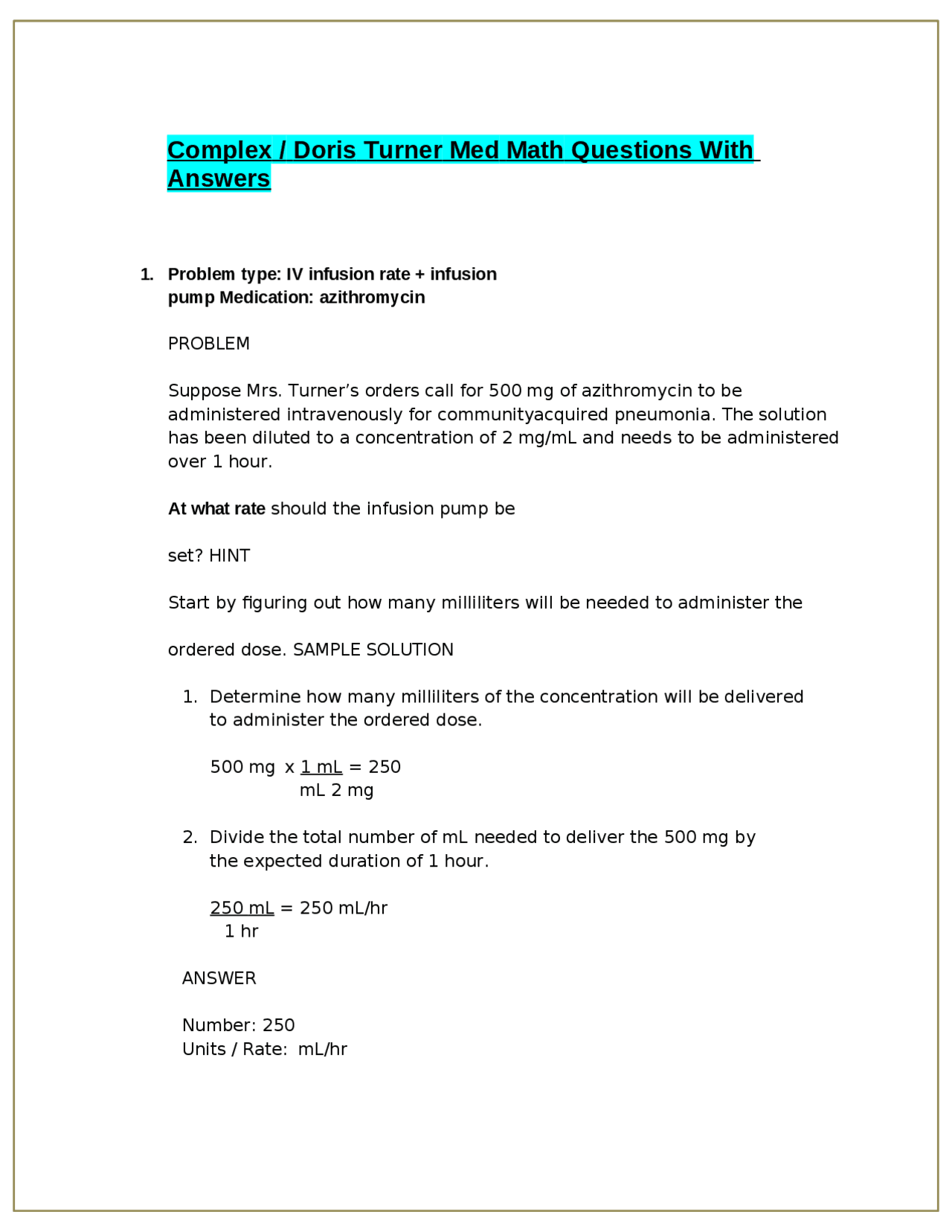 Complex / Doris Turner Med Math Questions With Answers | Exams ...