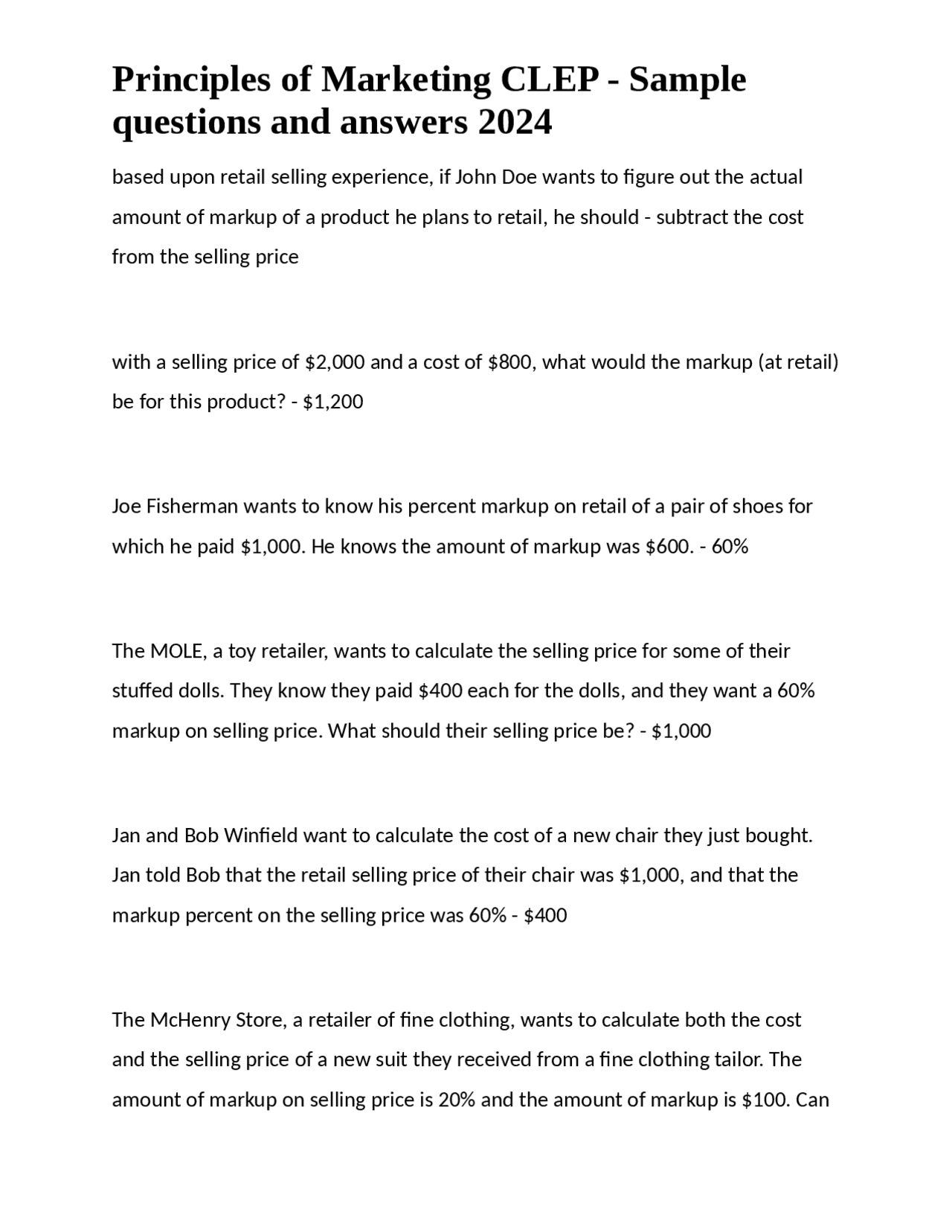 Principles of Marketing CLEP - Sample Questions and Answers 2024 ...