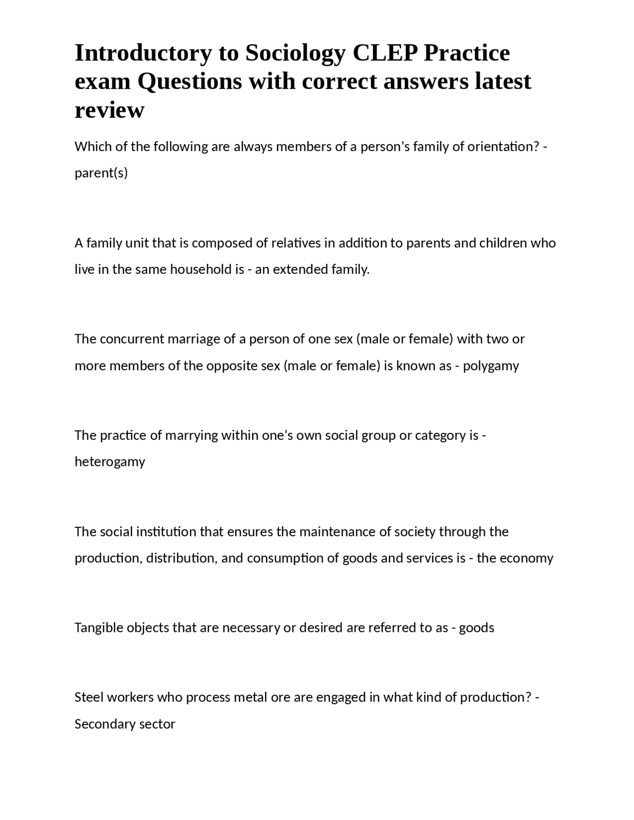 Introductory to Sociology CLEP Practice Exam Questions | Exercises ...