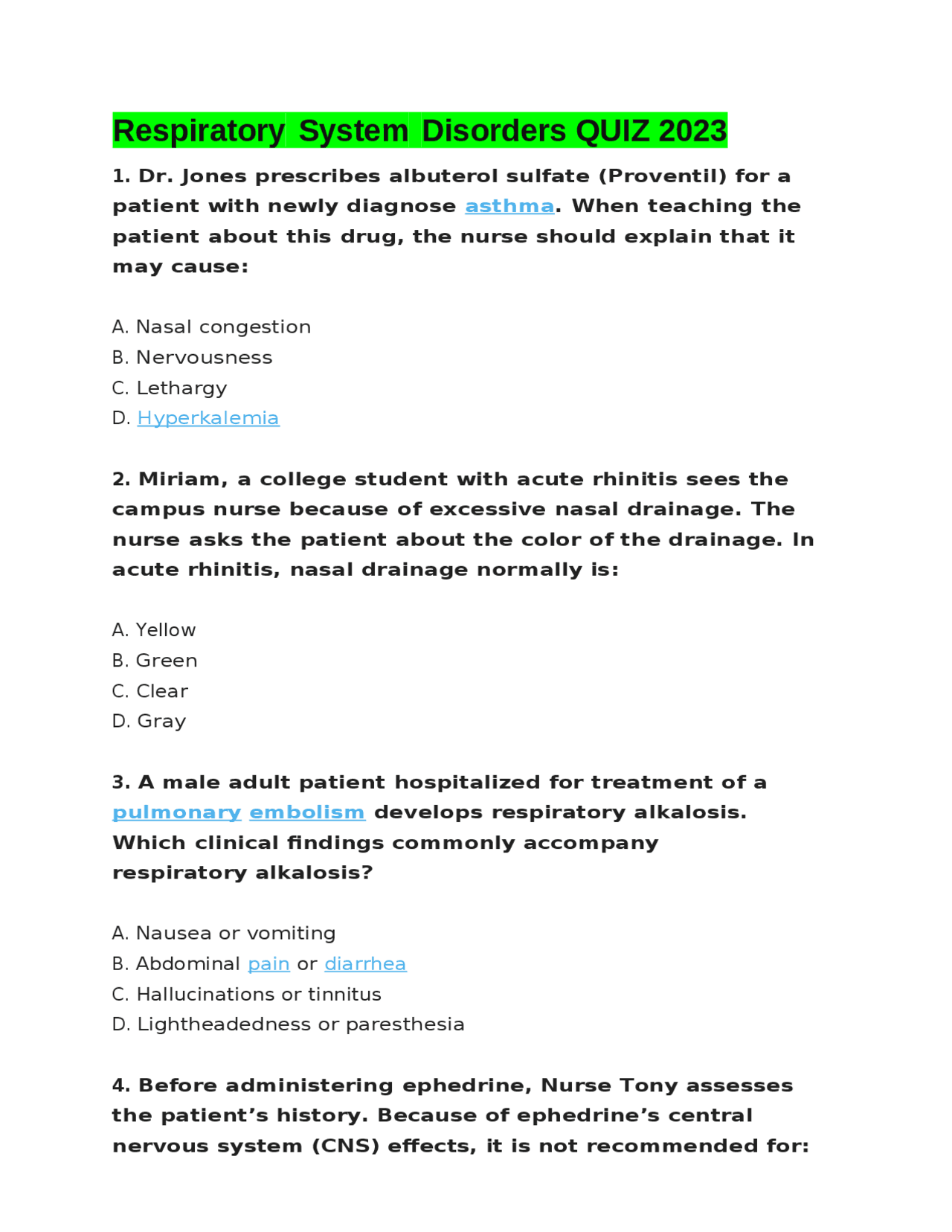 Respiratory System Disorders QUIZ 2023 | Exams Nursing | Docsity