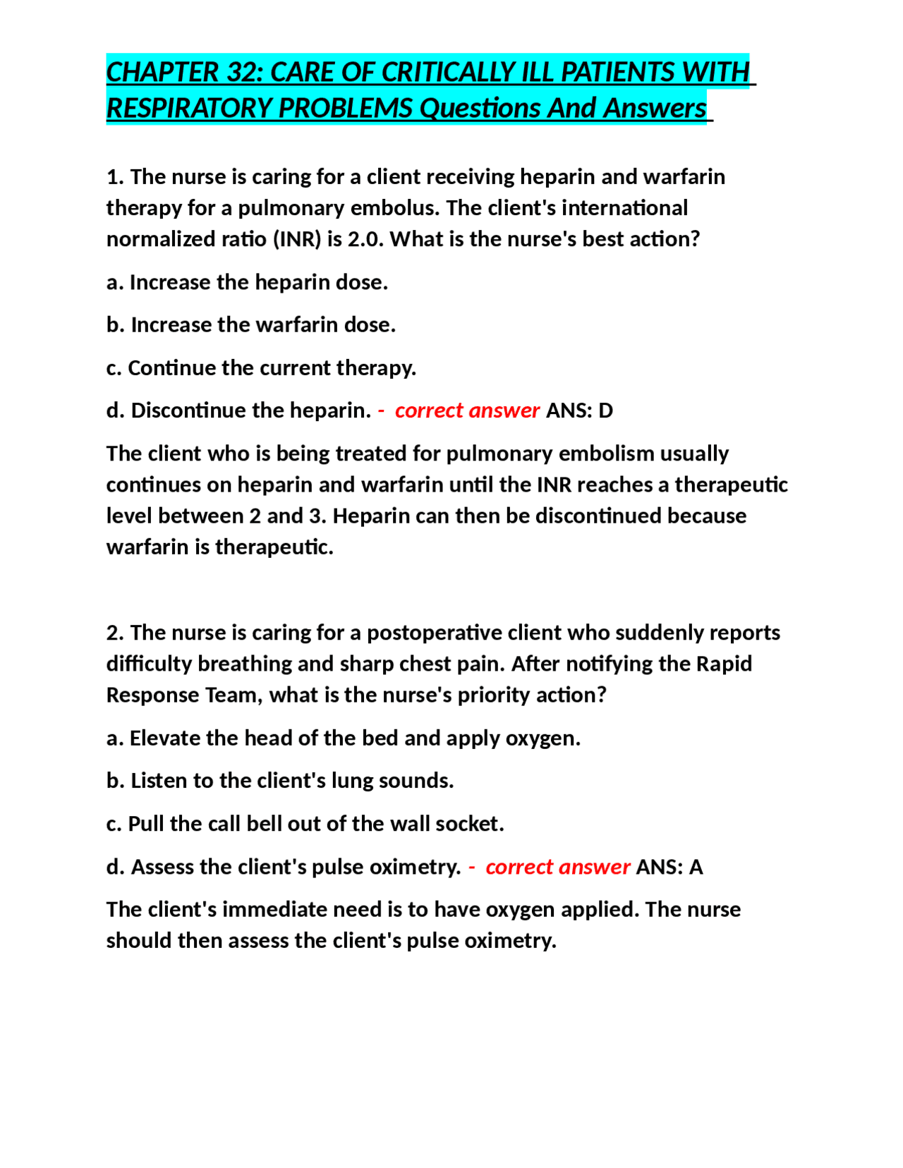 CHAPTER 32: CARE OF CRITICALLY ILL PATIENTS WITH RESPIRATORY PROBLEMS ...