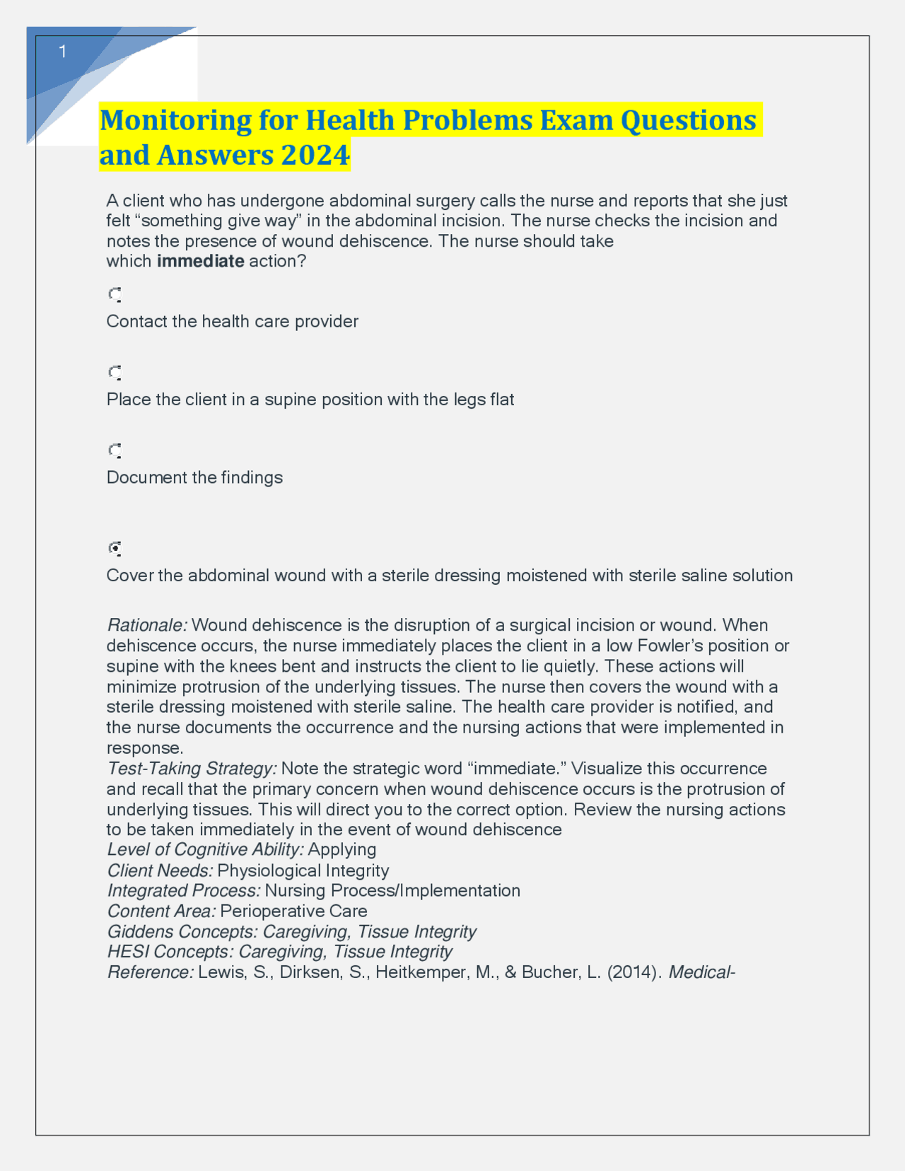 Monitoring for Health Problems Exam Questions and Answers 2024 | Exams ...