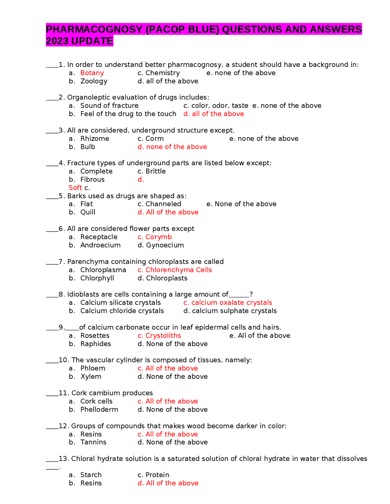 PHARMACOGNOSY (PACOP BLUE) QUESTIONS AND ANSWERS 2023 UPDATE | Exams ...