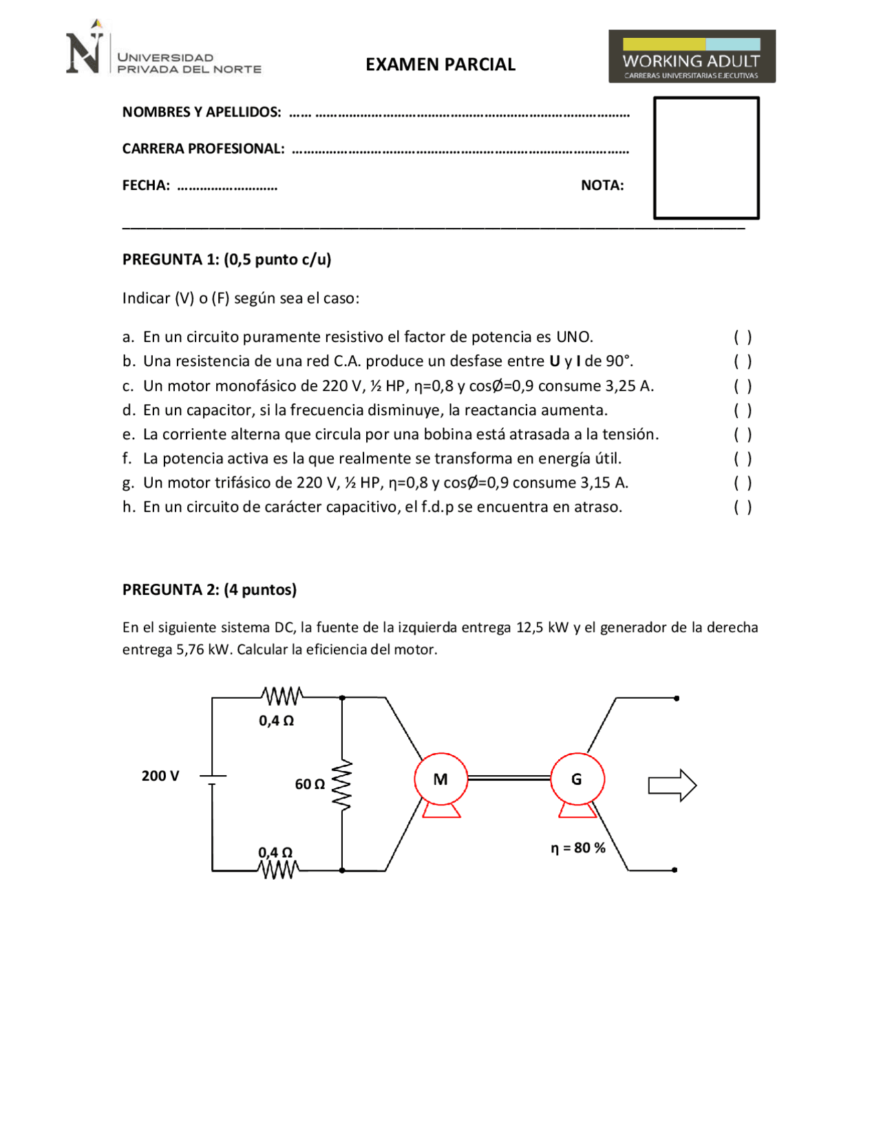 examen parcial de ingenieria electrica | Exámenes de Ingenieria Eléctrica | Docsity