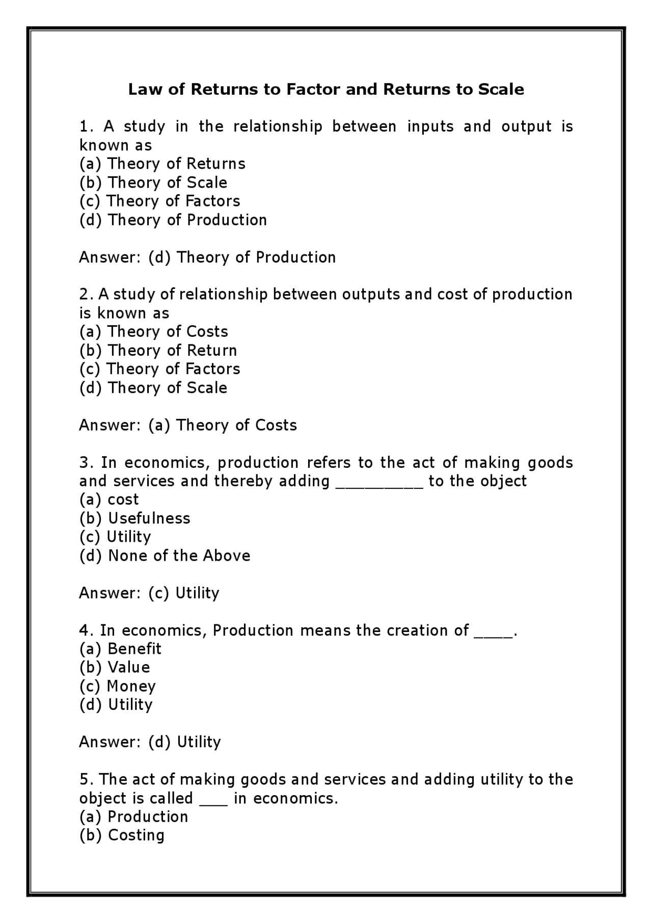 Quiz on law of returns to factor and returns to scale | Quizzes ...