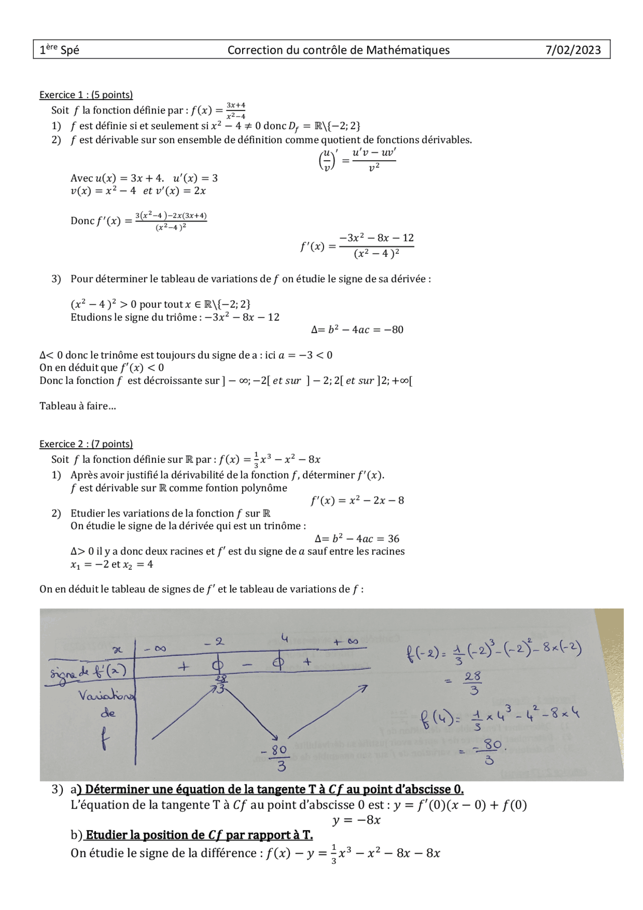 Correction du contrôle de Mathématiques | Cheat Sheet French | Docsity