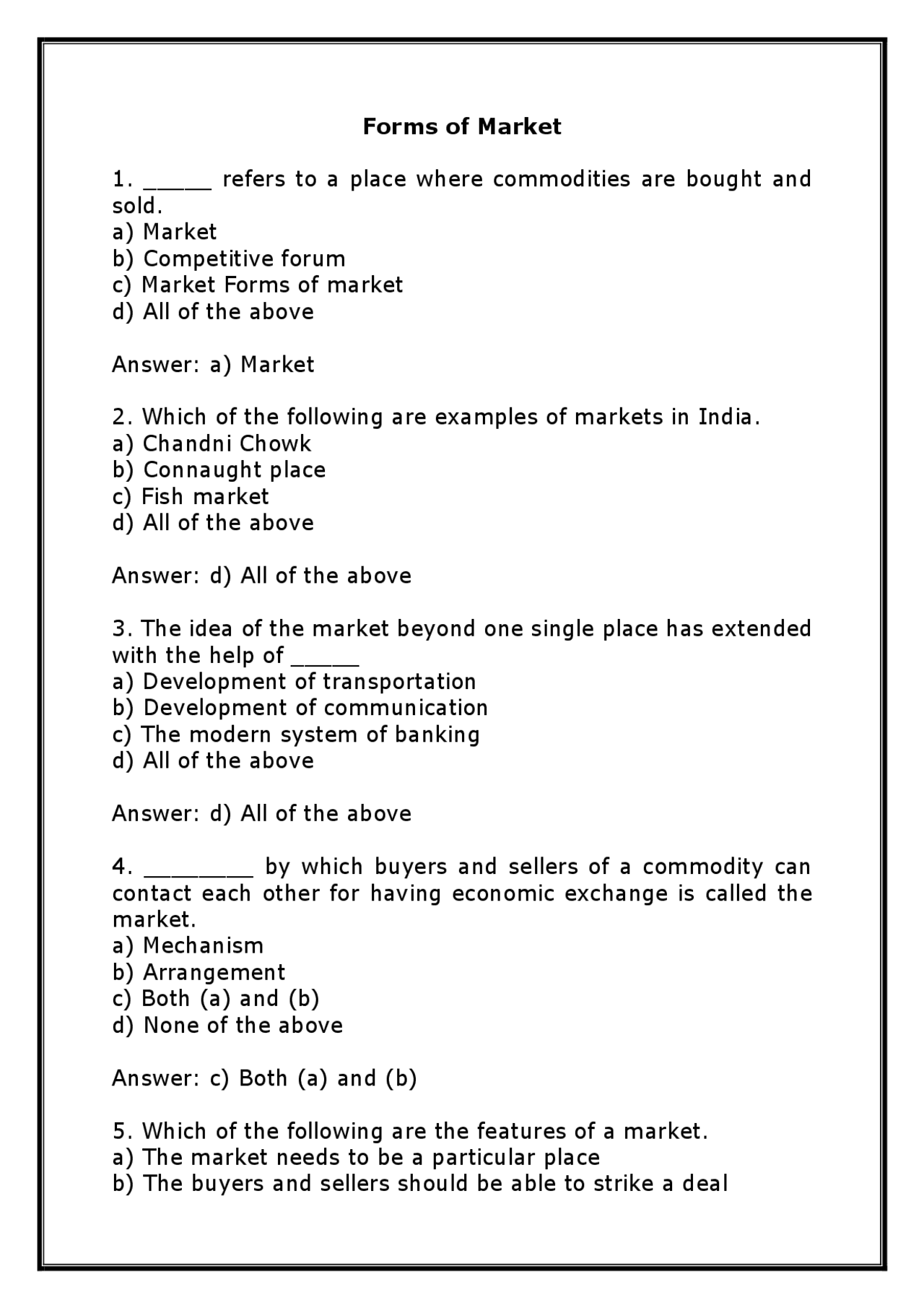 Quiz on Forms of Market | Quizzes Economics | Docsity