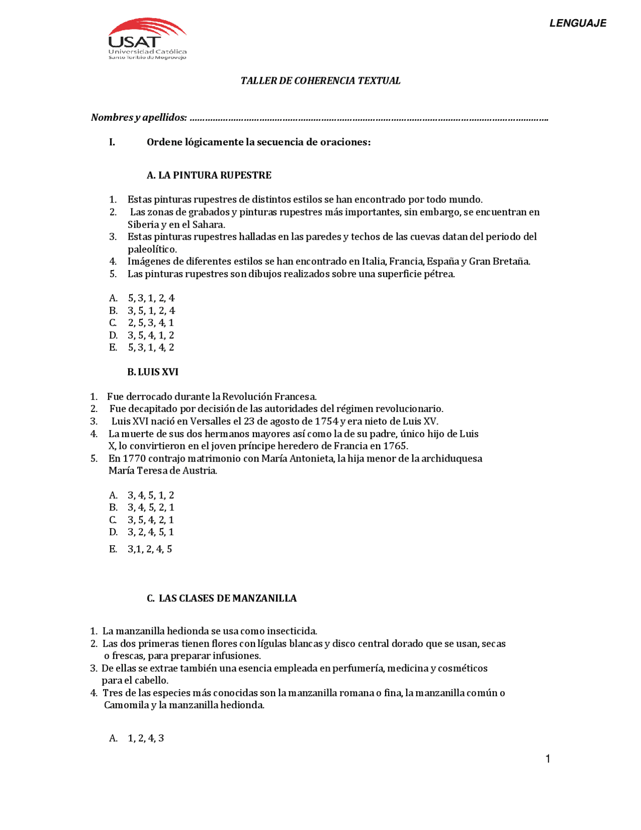 EJERCICIOS DE COHERENCIA | Ejercicios de Comunicación | Docsity