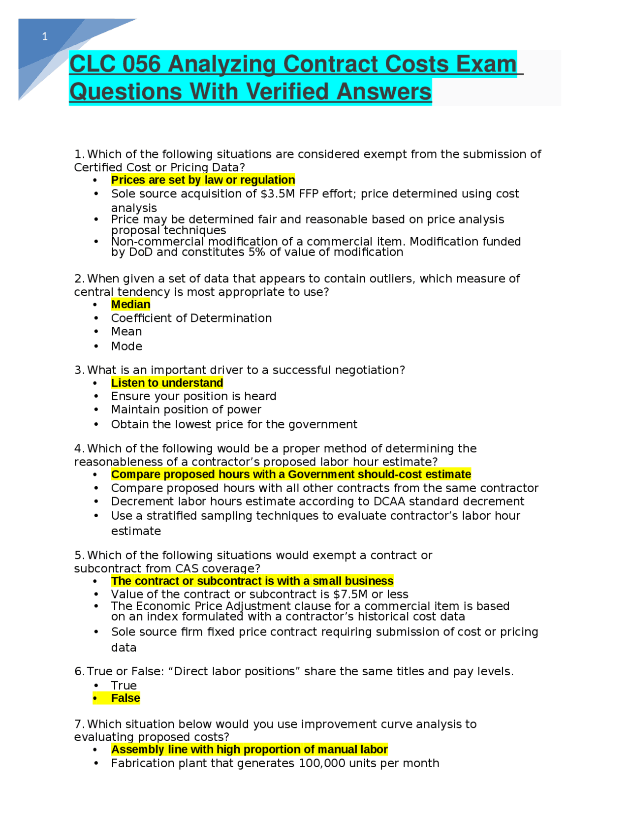 CLC 056 Analyzing Contract Costs Exam Questions With Verified Answers ...